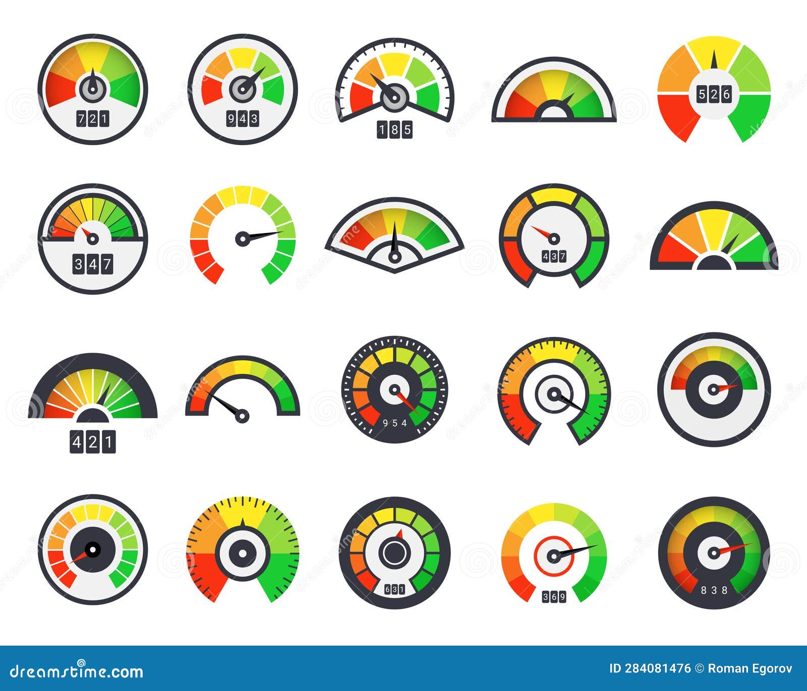 Speedometers Set. Gauge, Barometer and Tachometer. Speed or Fuel ...