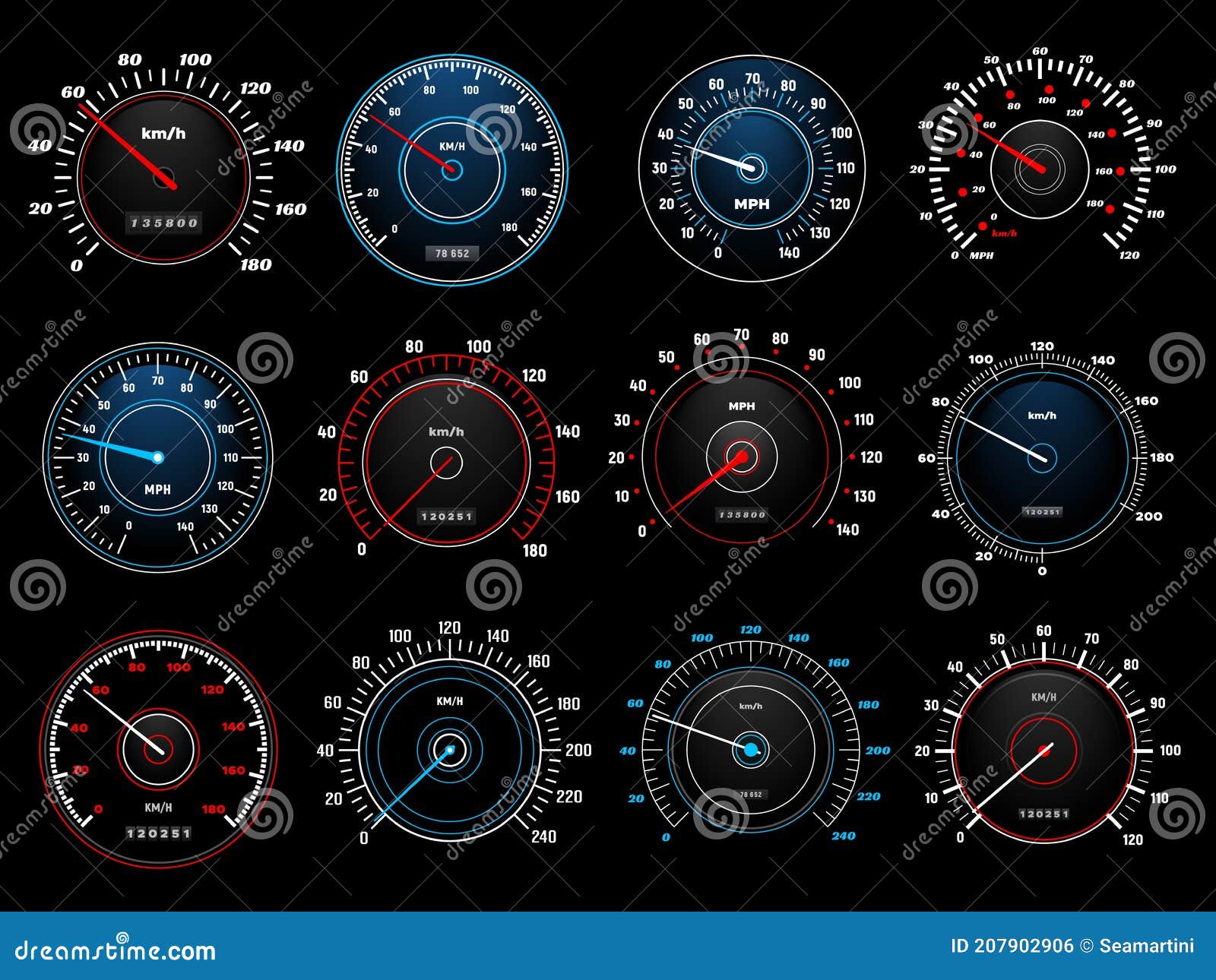 Speedometers, Speed Indicators, Vector Dashboard Stock Illustration ...
