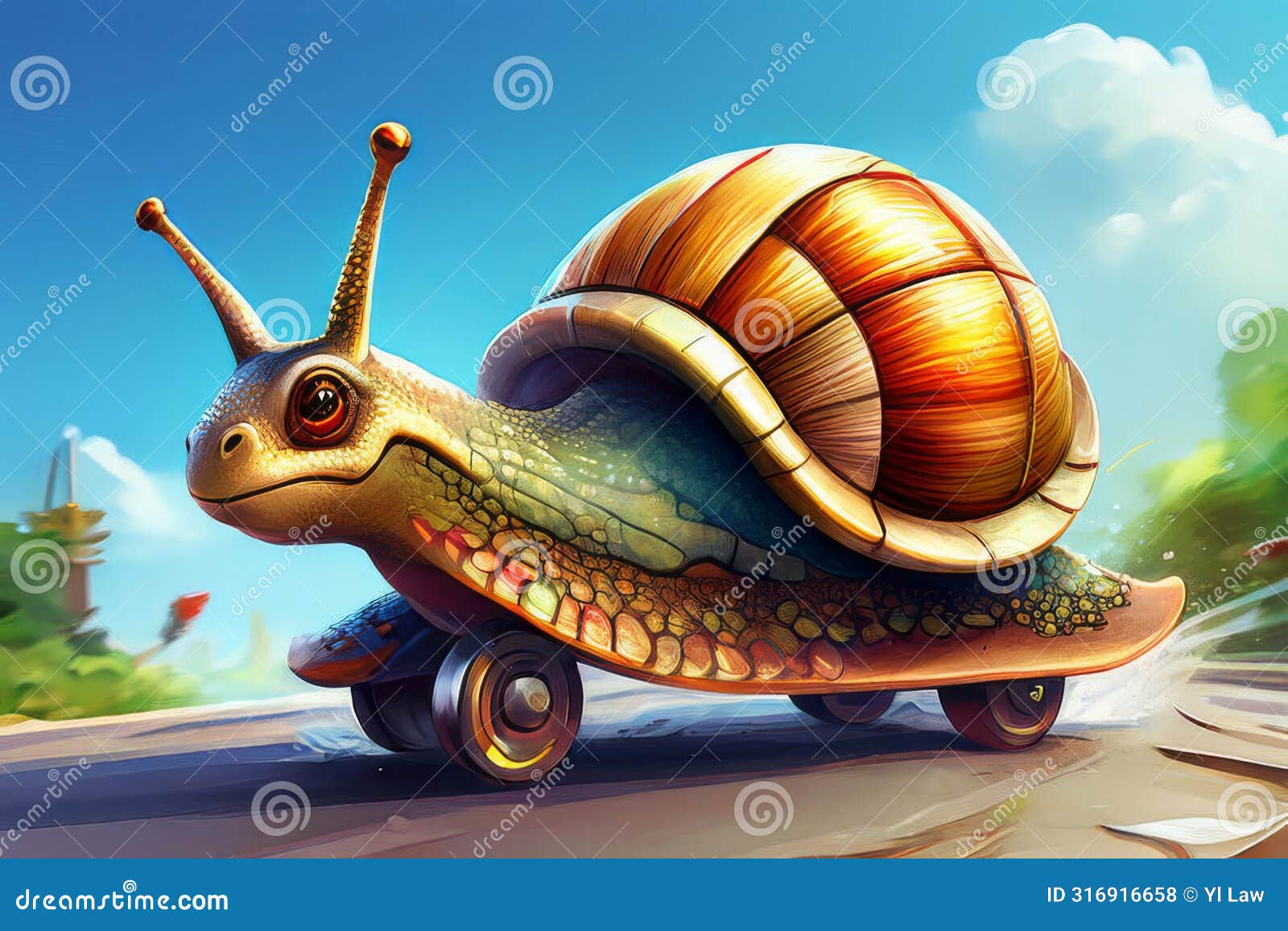 A Speedy Snail with Wheels on Yellow Background. Speed Increase ...