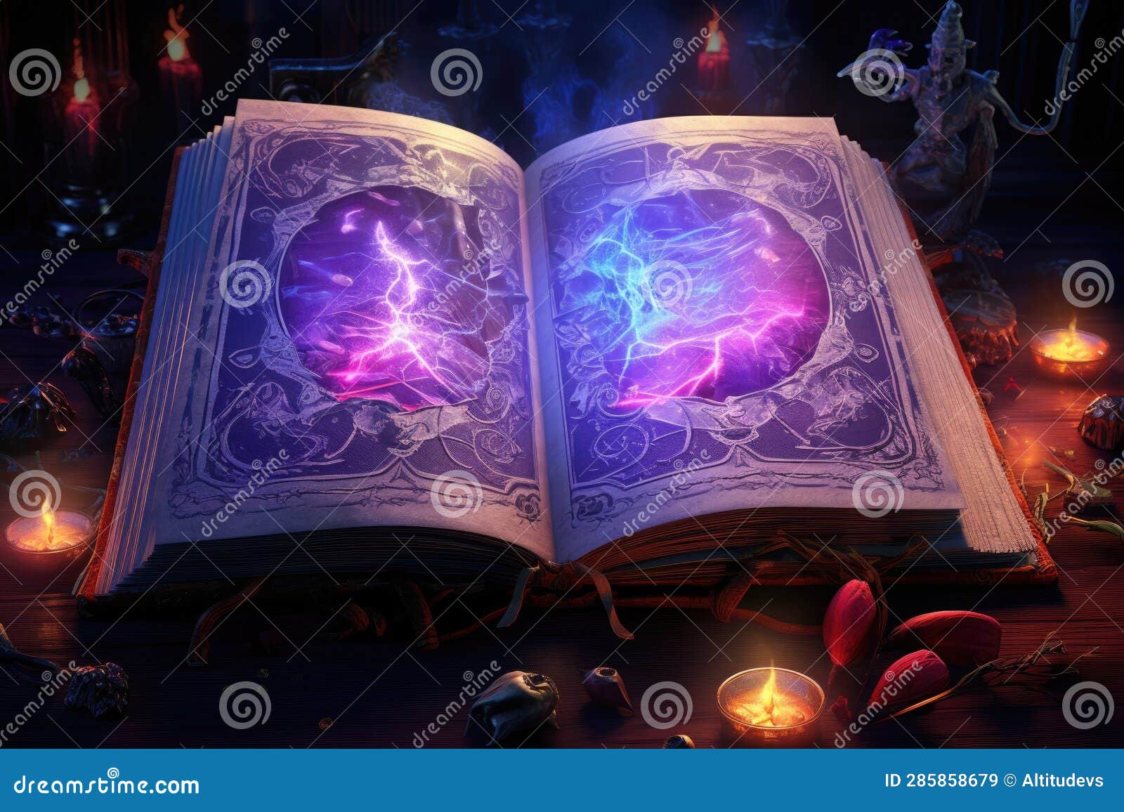 Spell Book Open with Glowing Magical Symbols Stock Illustration ...