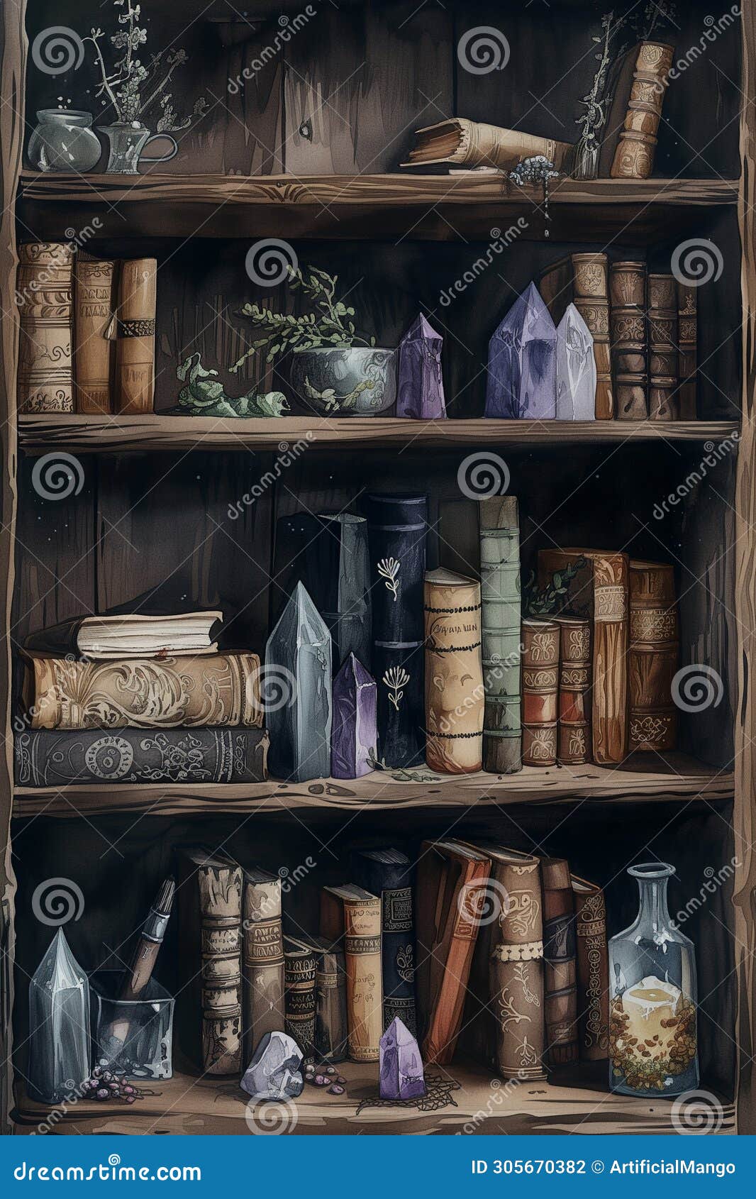 Spell Books and Crystals on a Shelf. AI Generated. Stock Illustration ...
