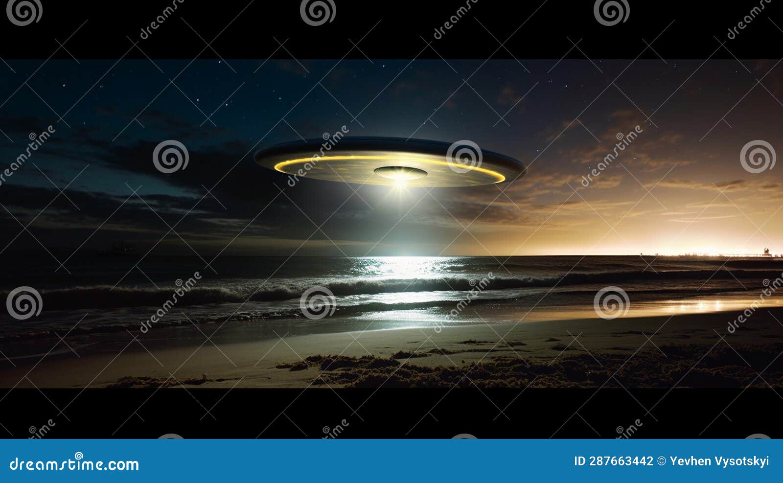 A Disk-shaped Alien Spacecraft Lands on the Ocean Coast, Above the ...