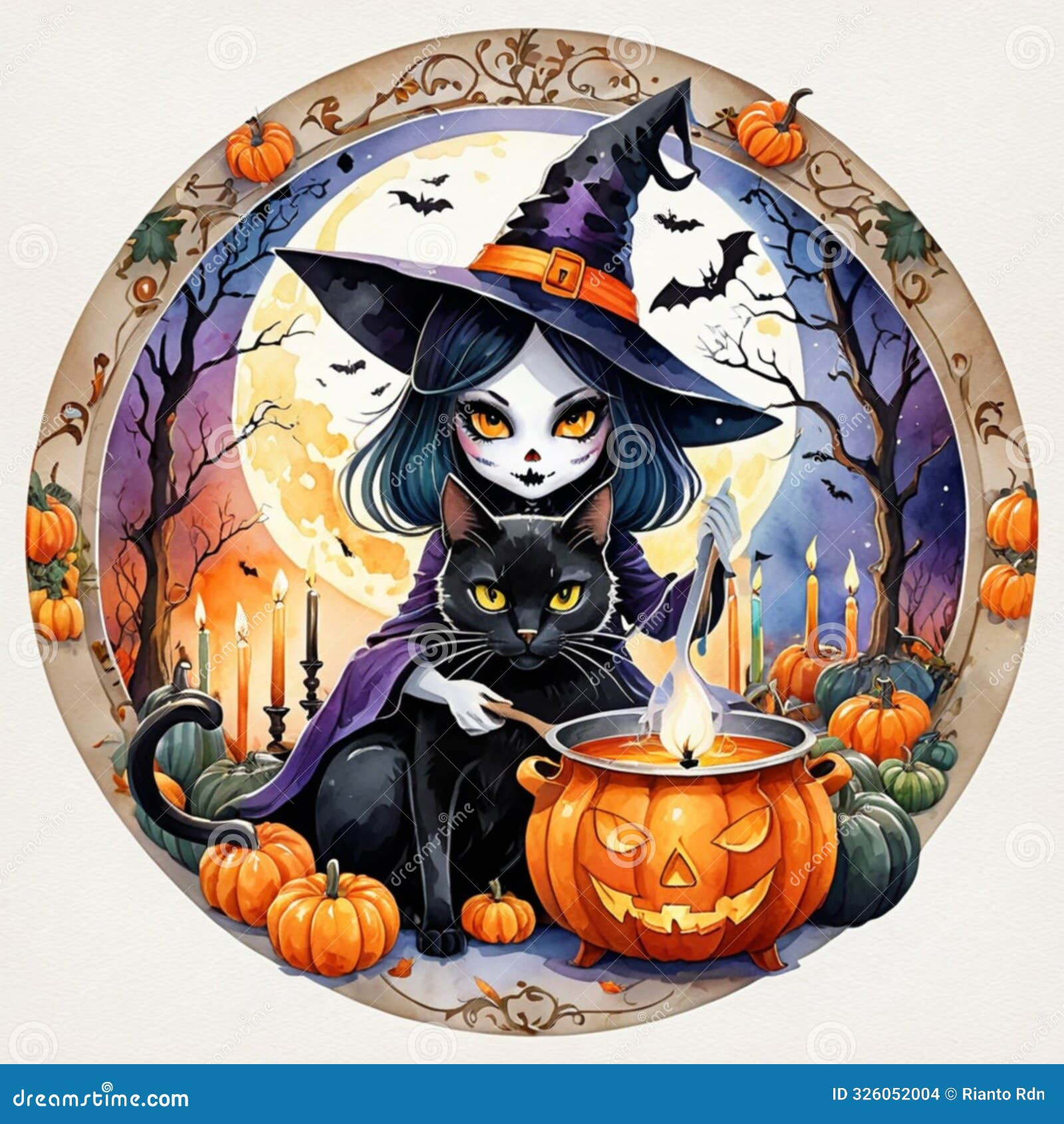 Spellbound Circle: Witch and Familiar with Pumpkin in Circular Frame Stock Illustration ...