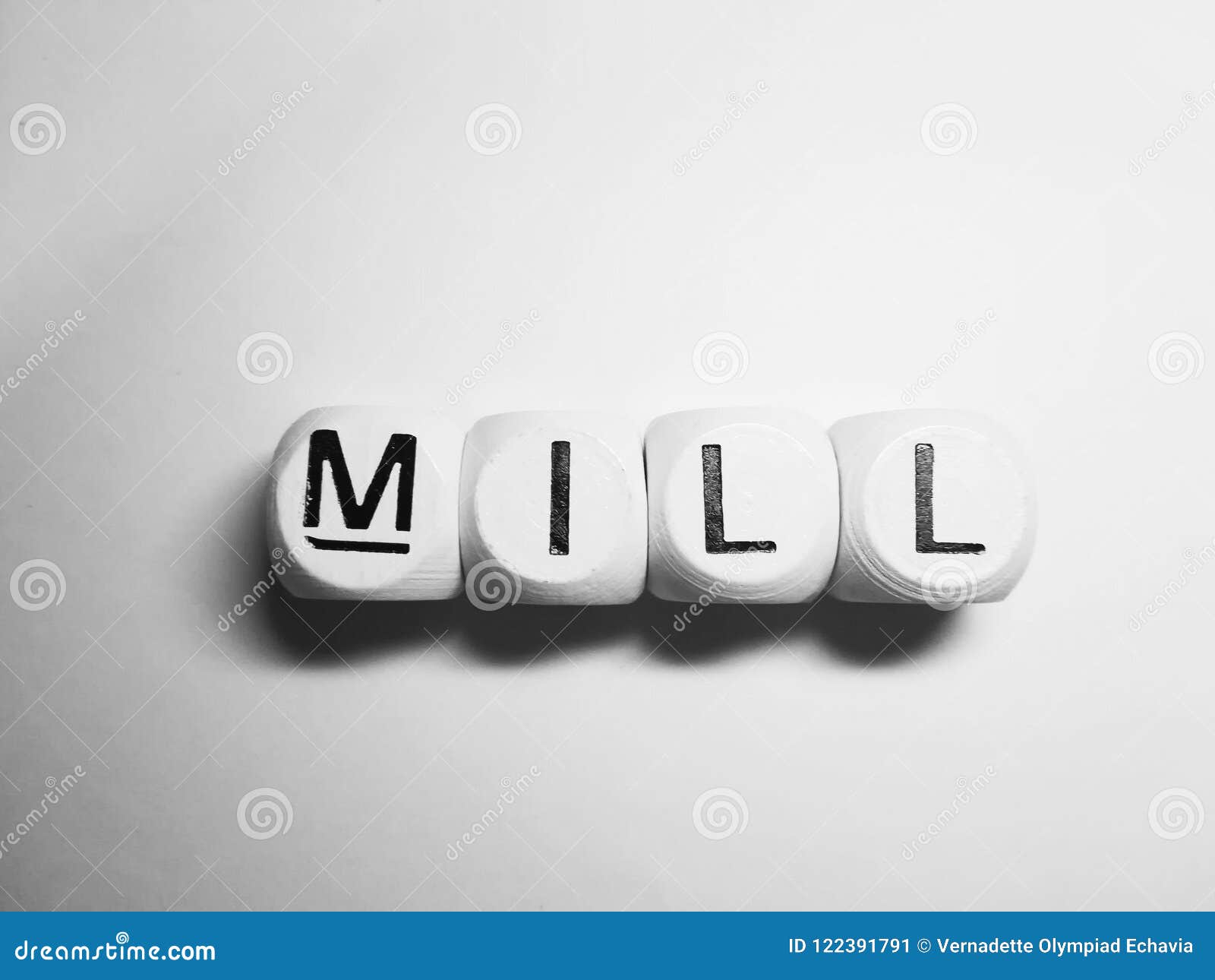 Word mill spelled on dice stock image. Image of concept - 122391791