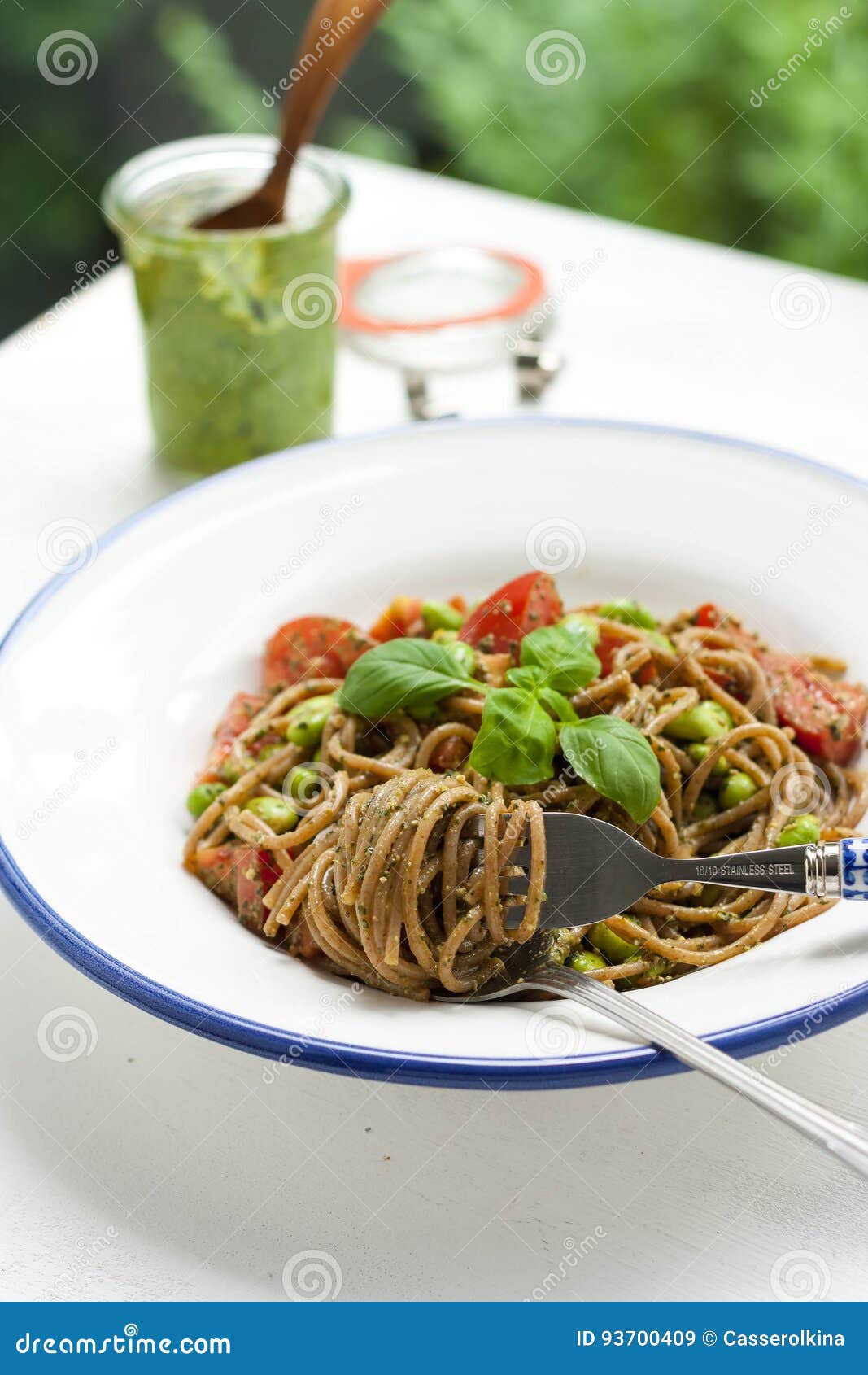 Spelt Spaghetti and Home Made Pesto Stock Image - Image of pesto, spelt ...