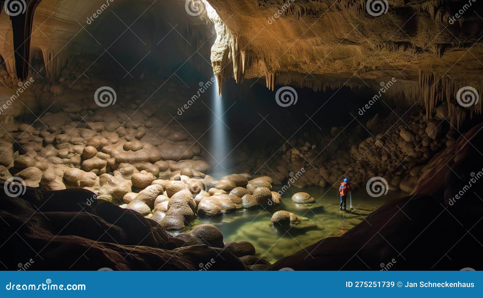 Spelunkers in a Colossal Cave with Light and Waterfall from Above Stock ...