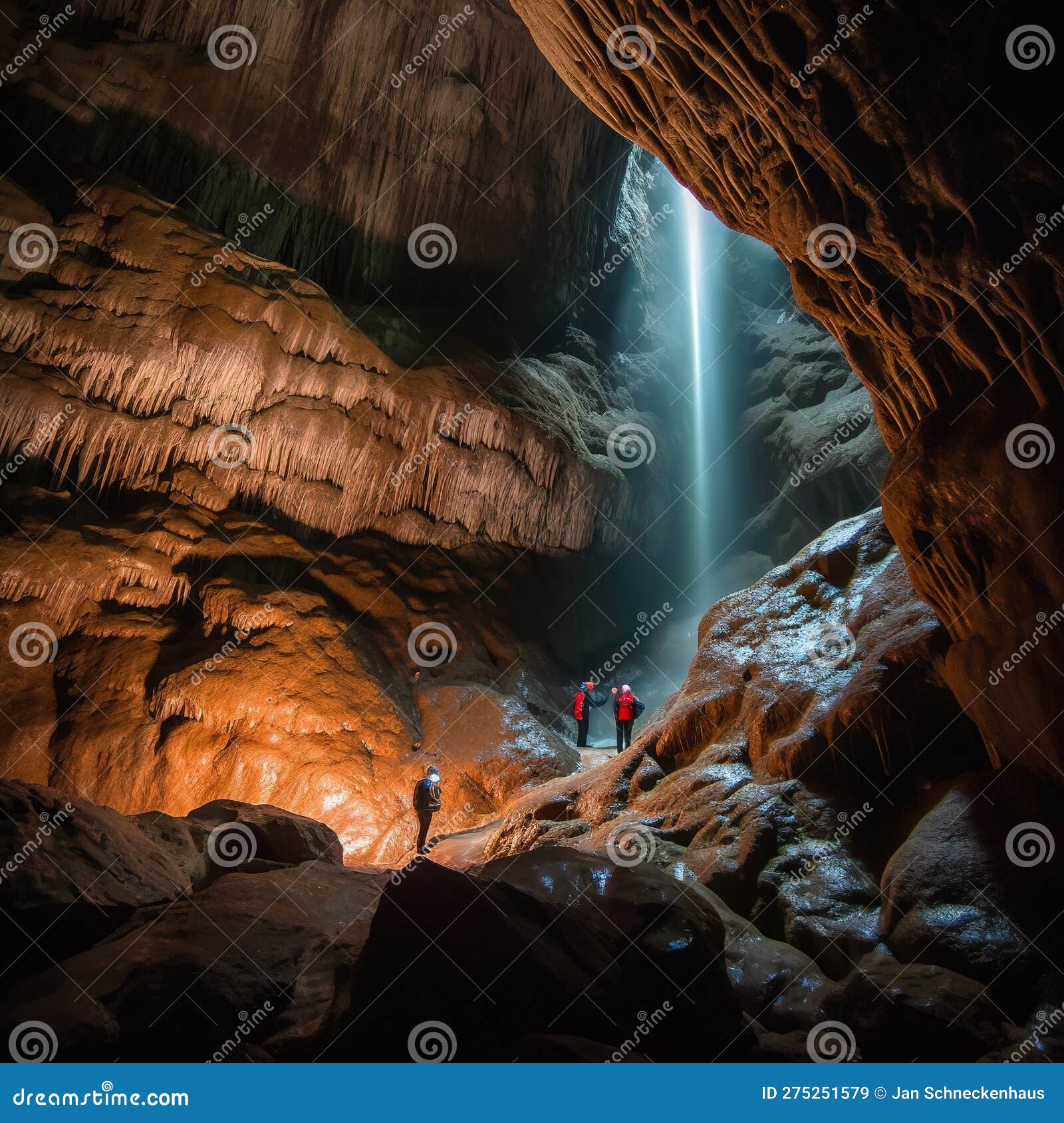 A Colossal Cave With Light And Waterfall From Above. Royalty-Free Stock ...