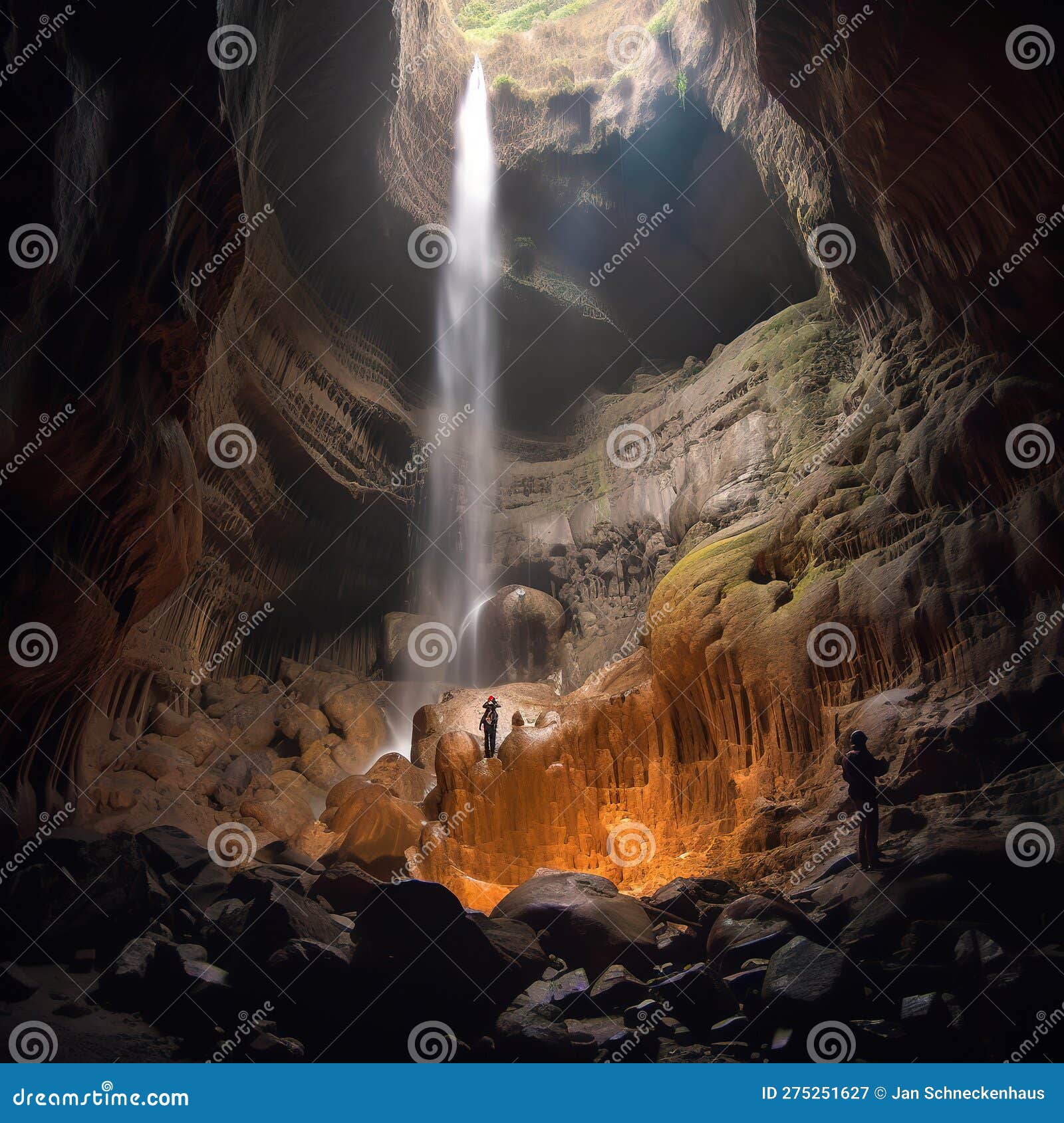 A Colossal Cave With Light And Waterfall From Above. Royalty-Free Stock ...