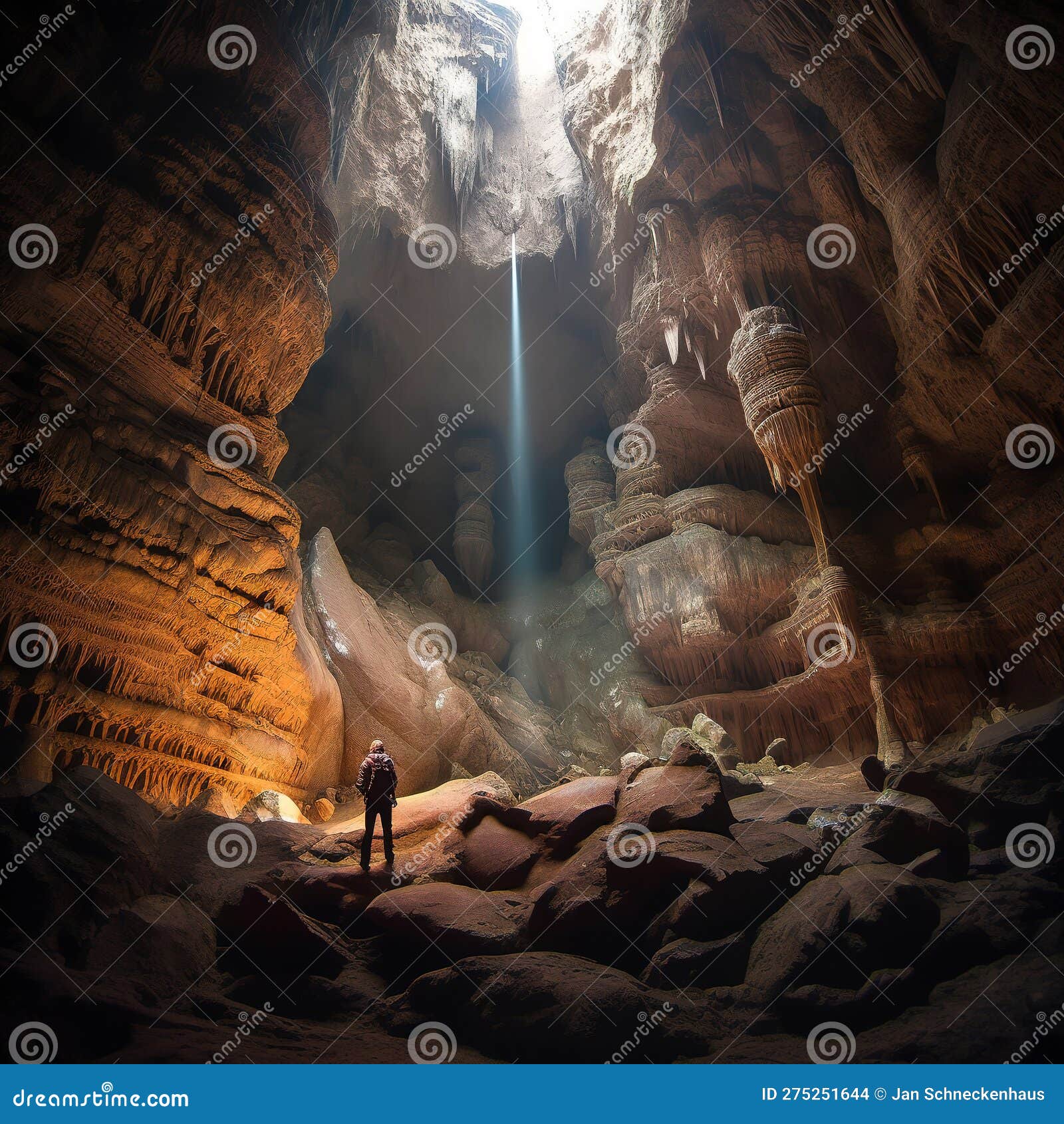 A Colossal Cave With Light And Waterfall From Above. Royalty-Free Stock ...