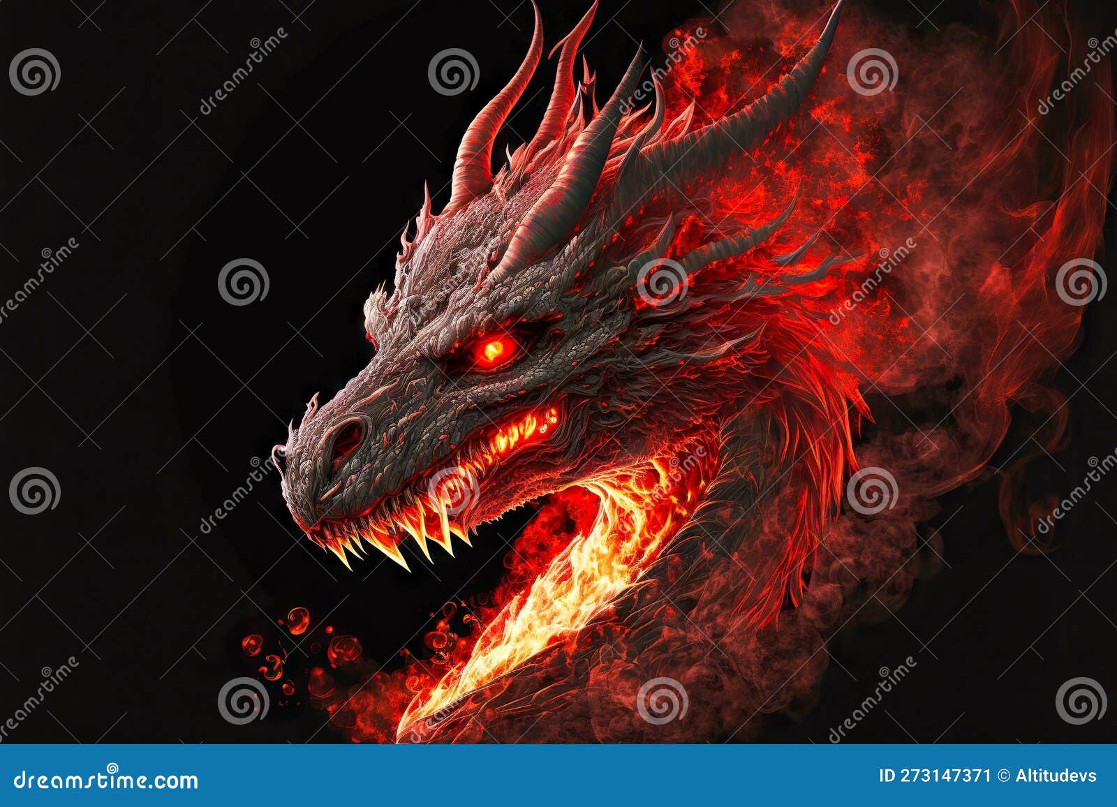 Spewing Flames Dangerous Red Dragons on Dark Background Stock ...