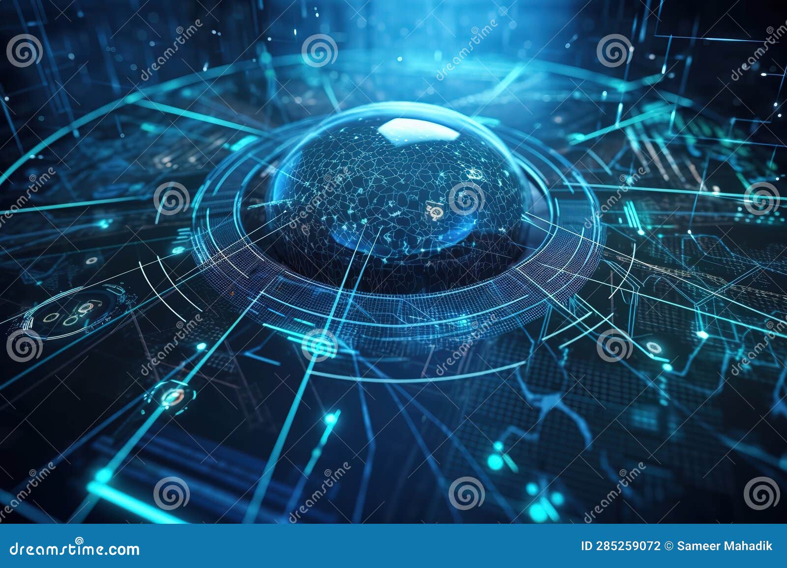 Sphere with Cyber Blue Particles Stuck Around it. Generative AI Stock ...