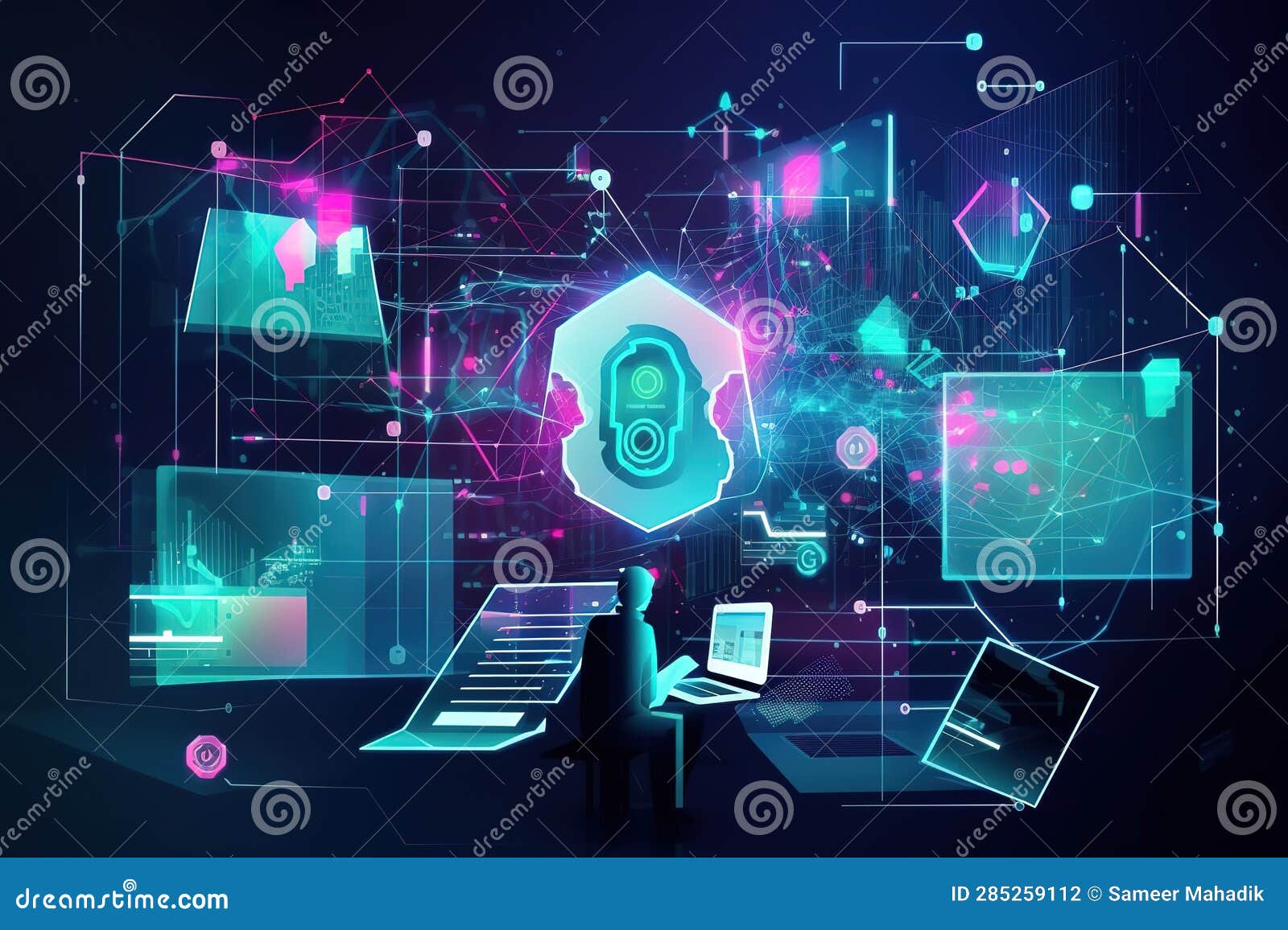 Sphere with Cyber Blue Particles Stuck Around it. Generative AI Stock ...