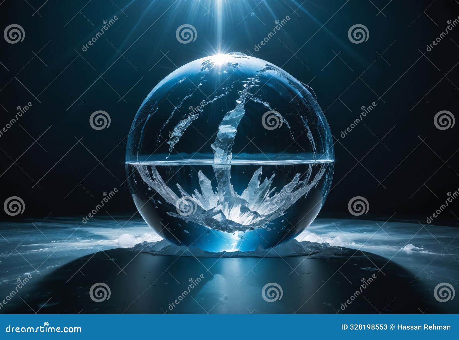 A Sphere of Ice and Water, Suspended in Blue Background Stock ...