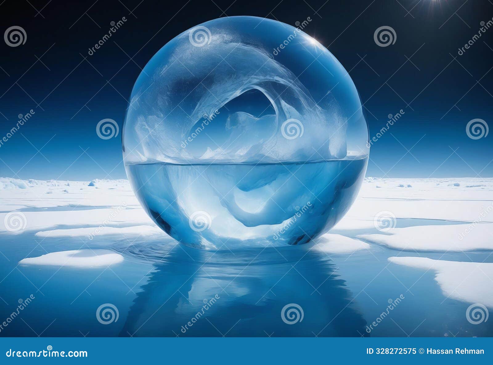 A Sphere of Ice and Water, Suspended in Blue Background Stock ...