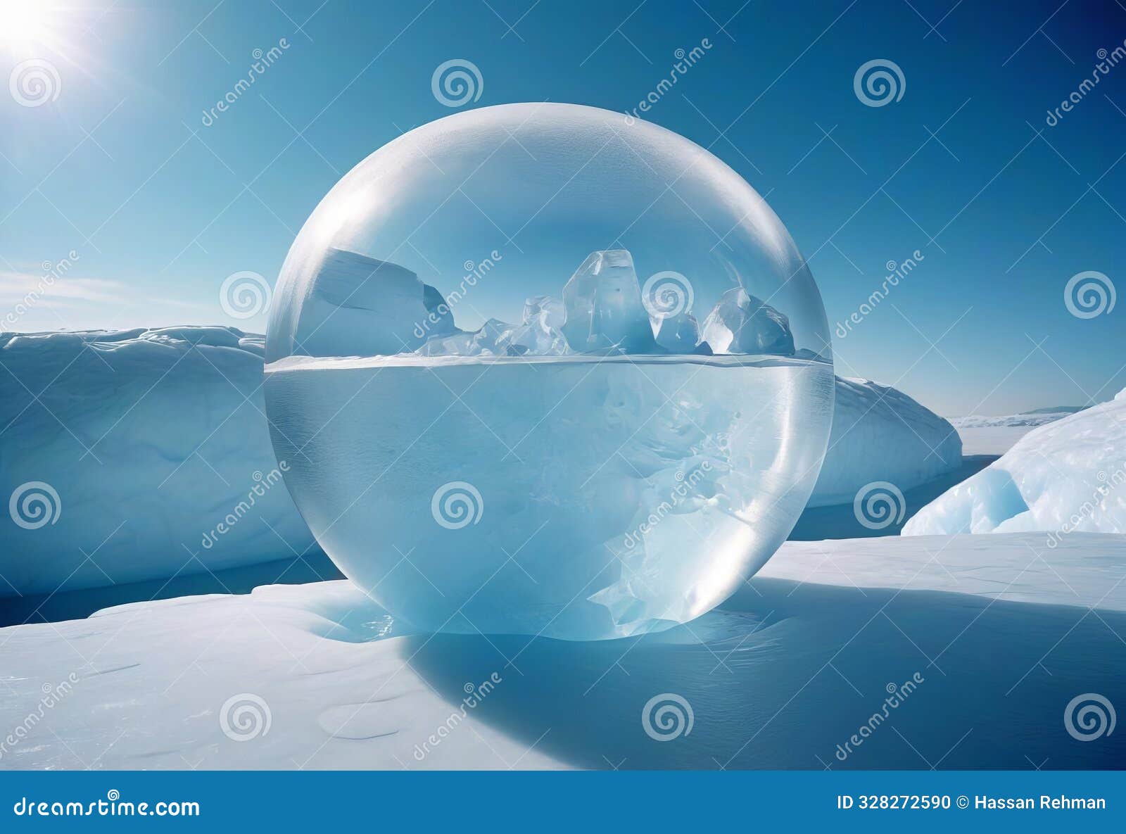 A Sphere of Ice and Water, Suspended in Blue Background Stock ...