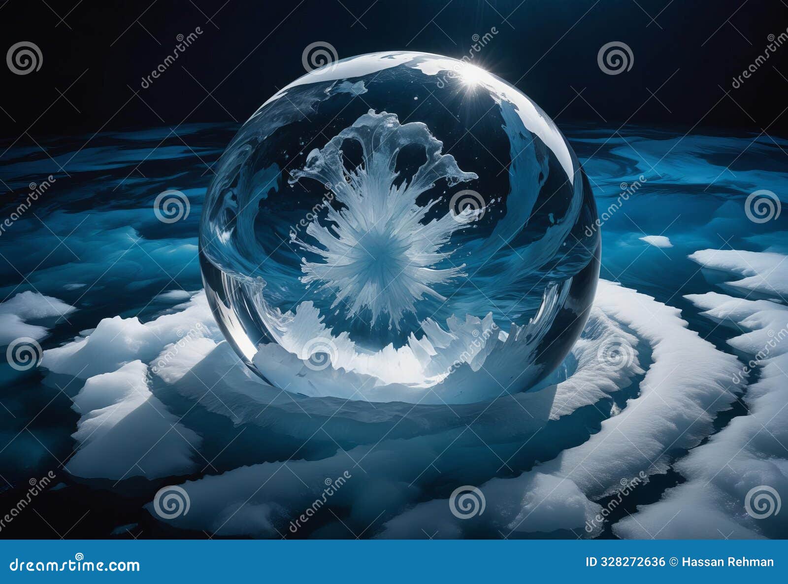 A Sphere of Ice and Water, Suspended in Blue Background Stock ...