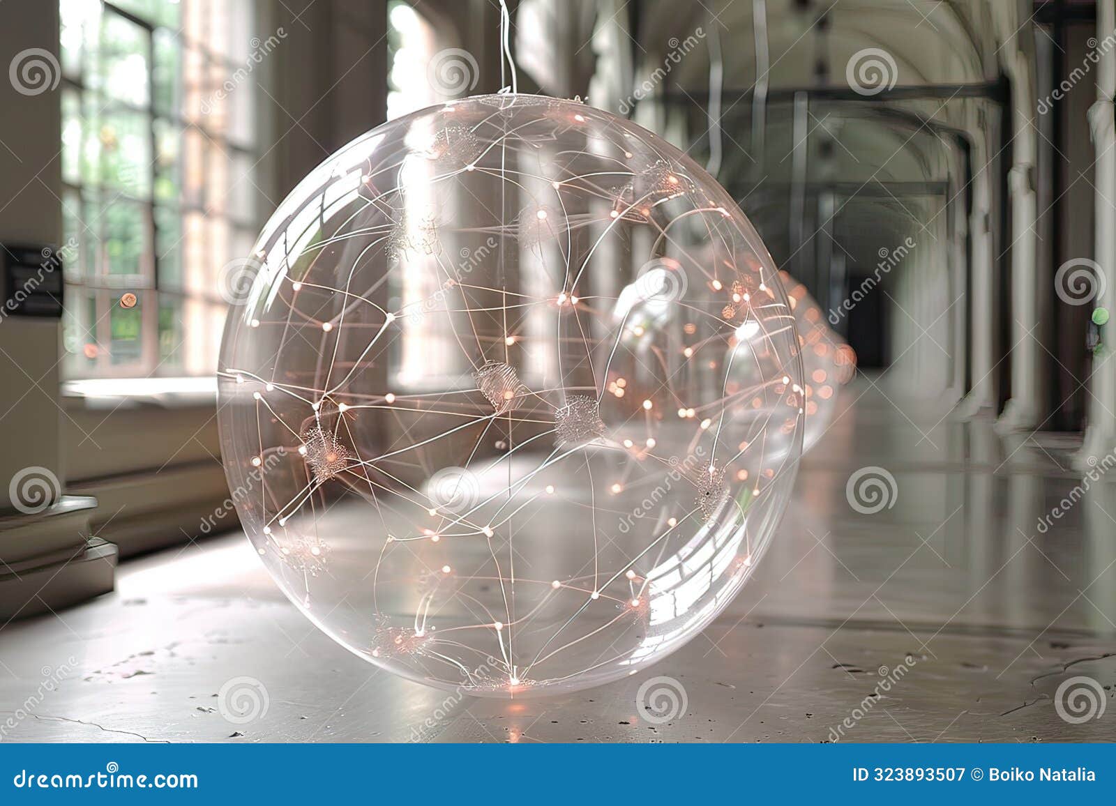A Sphere with Lights Inside Hanging from the Ceiling in a Hallway Stock ...