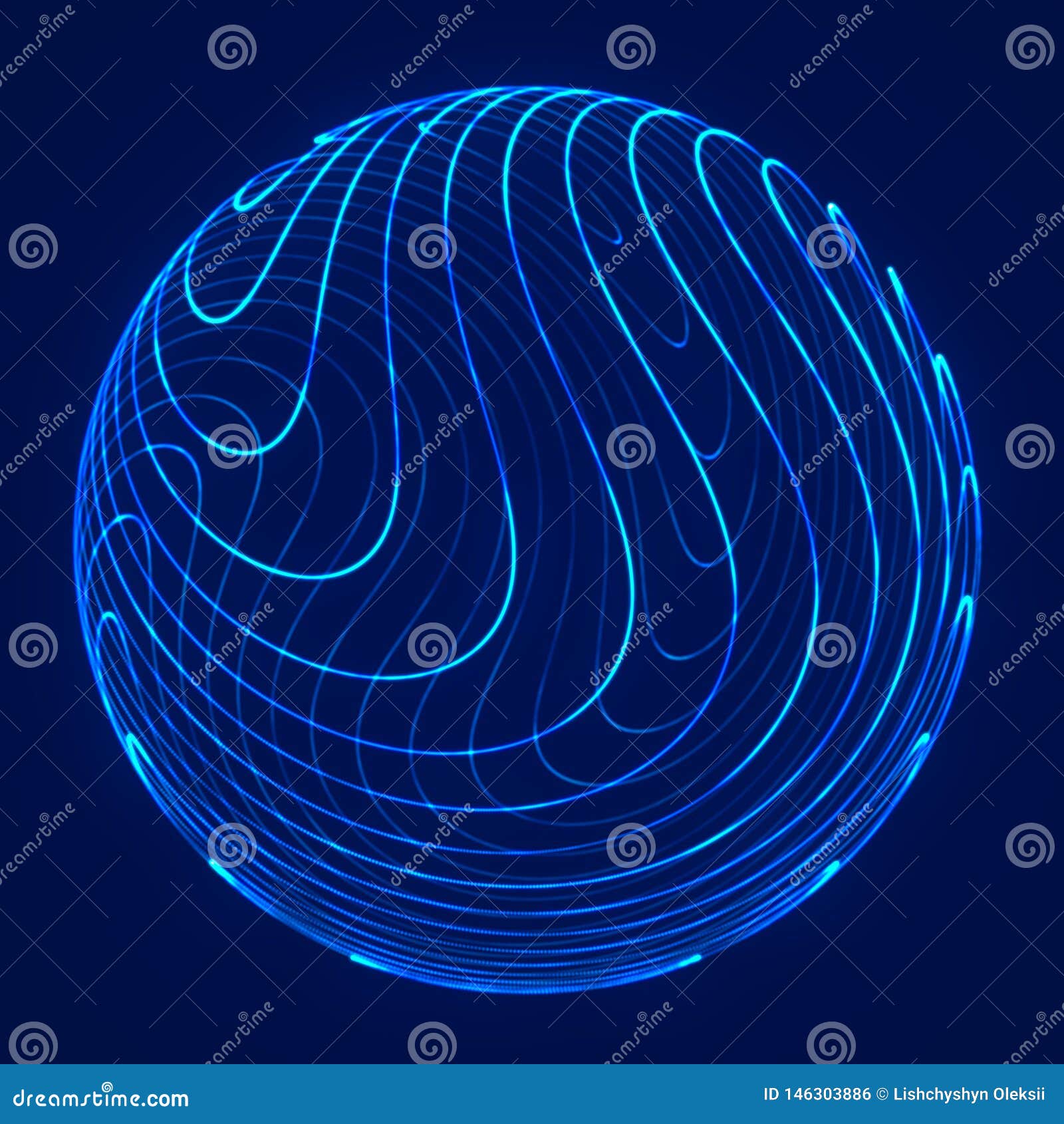 Sphere with Twist Lines. Wireframe Technology Blue Sphere. 3d Rendering ...