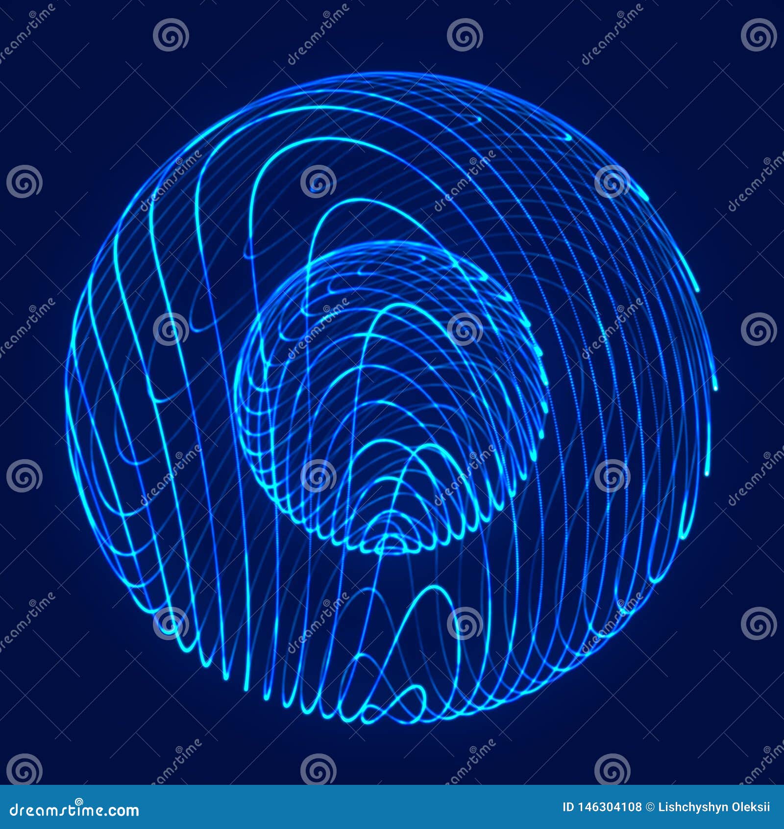 Sphere with Twist Lines. Wireframe Technology Blue Sphere. 3d Rendering ...