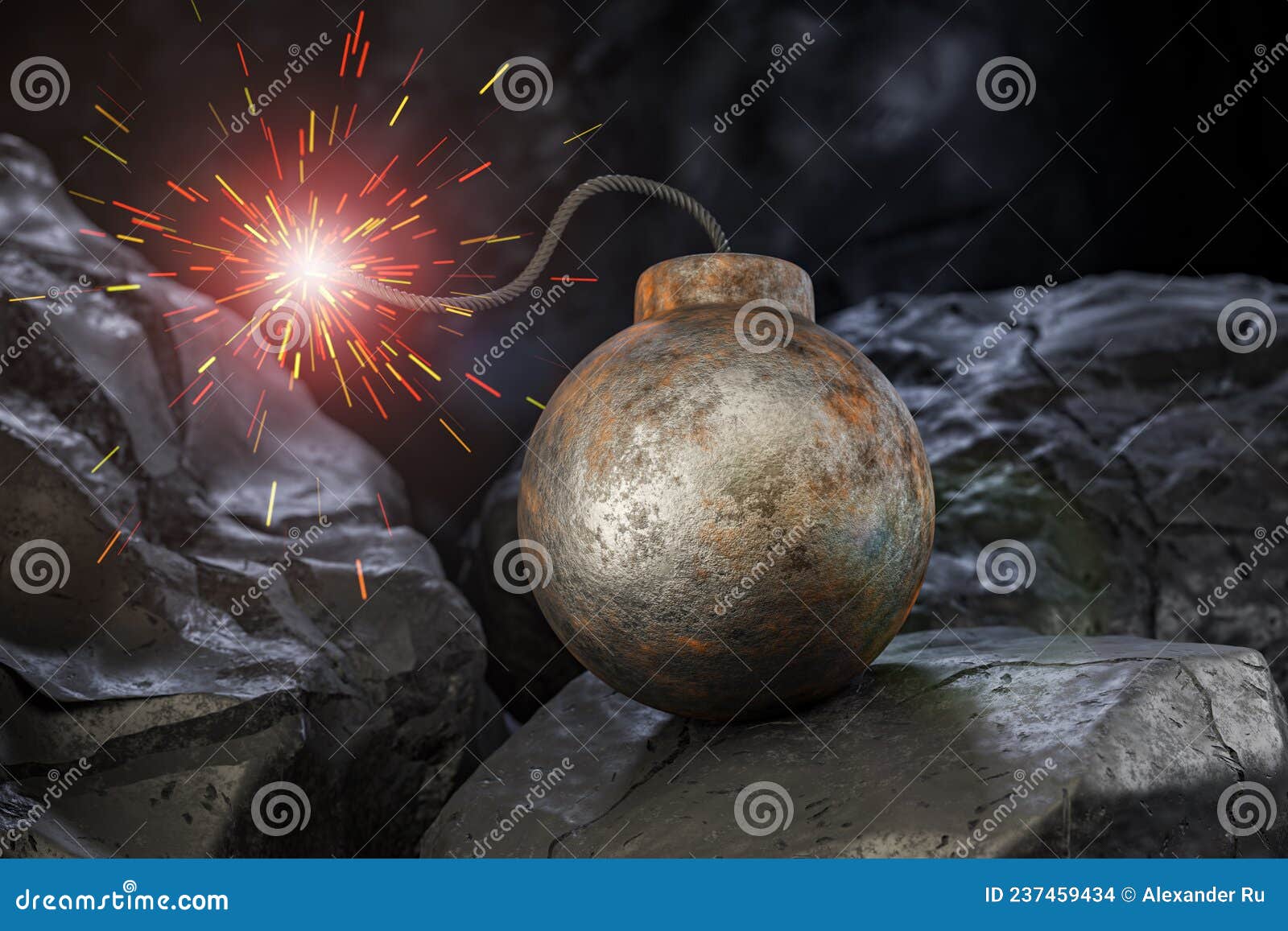 Spherical Bomb on Stones. 3d Render.... Explosion. Copy Space. Sphere ...