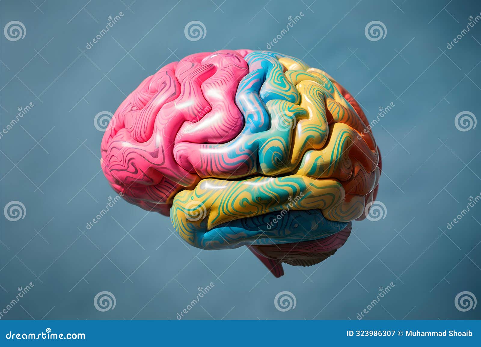 Spherical Brain with Swirling Colors on Muted Blue Background Stock ...