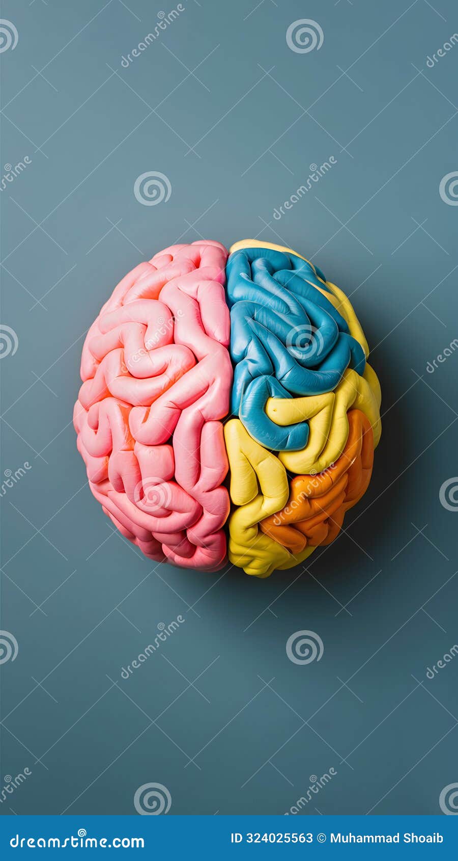 Spherical Brain with Swirling Colors on Muted Blue Background Stock ...
