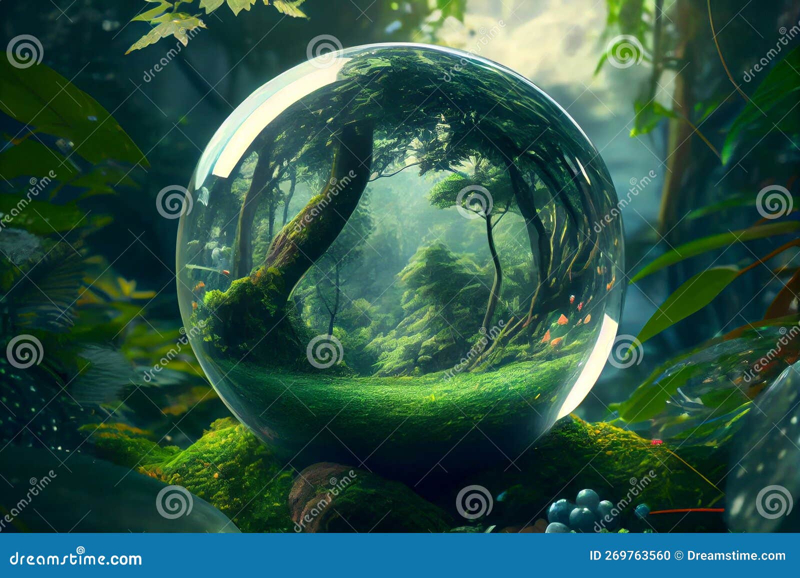 Spherical Glass Ball with Nature Green Forest Reflection Illustration ...