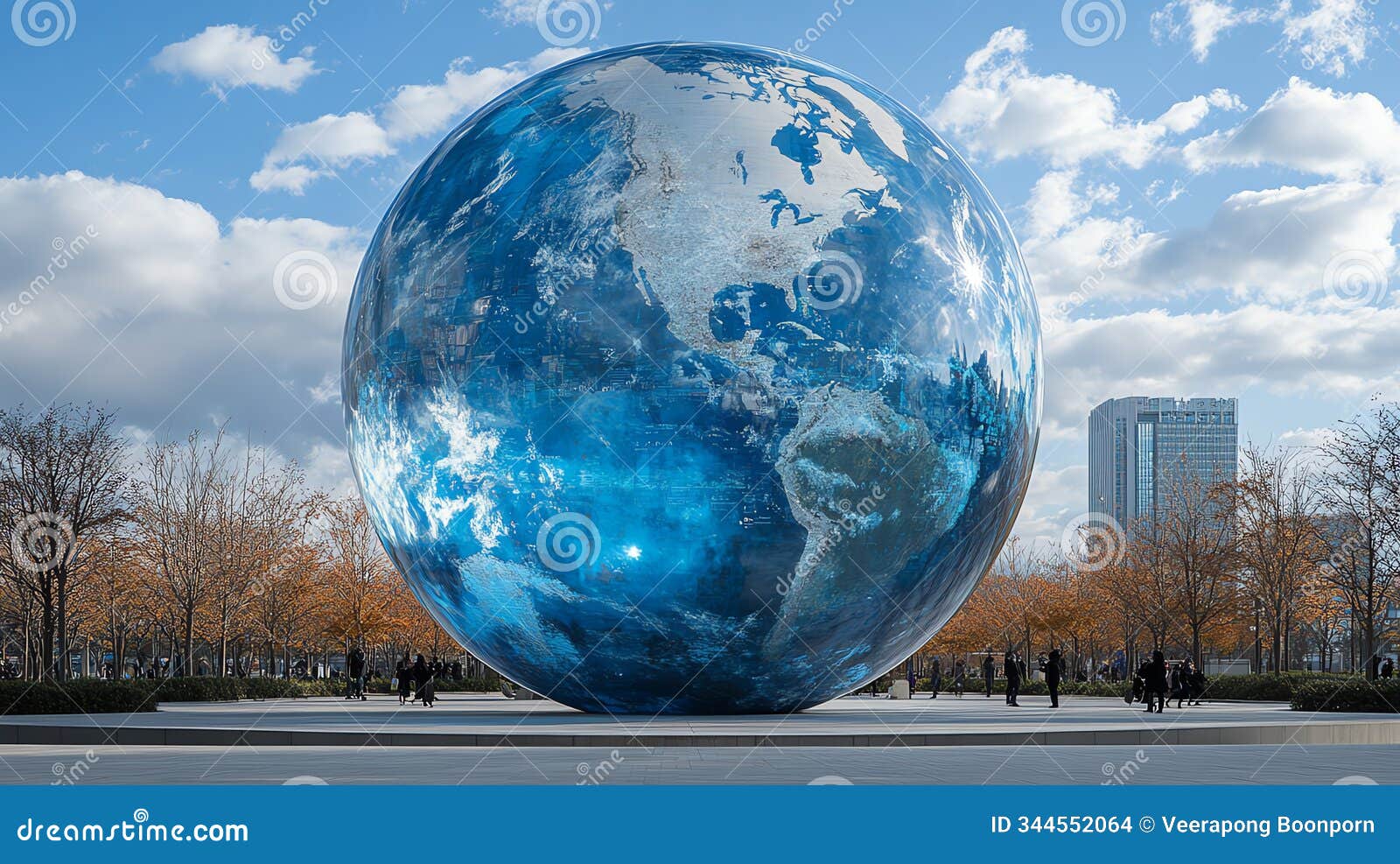 Spherical Globe Structure in an Urban Plaza with Trees and Cloudy Sky ...