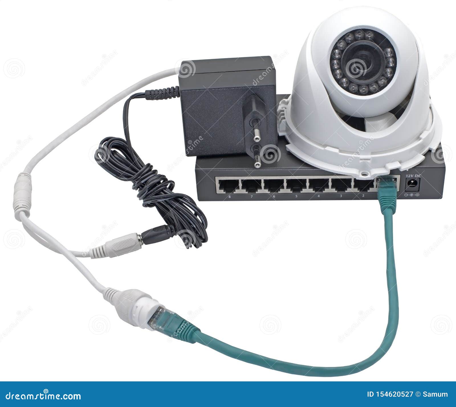 Spherical IP Security Camera, AC Adapter and Router Stock Image - Image ...