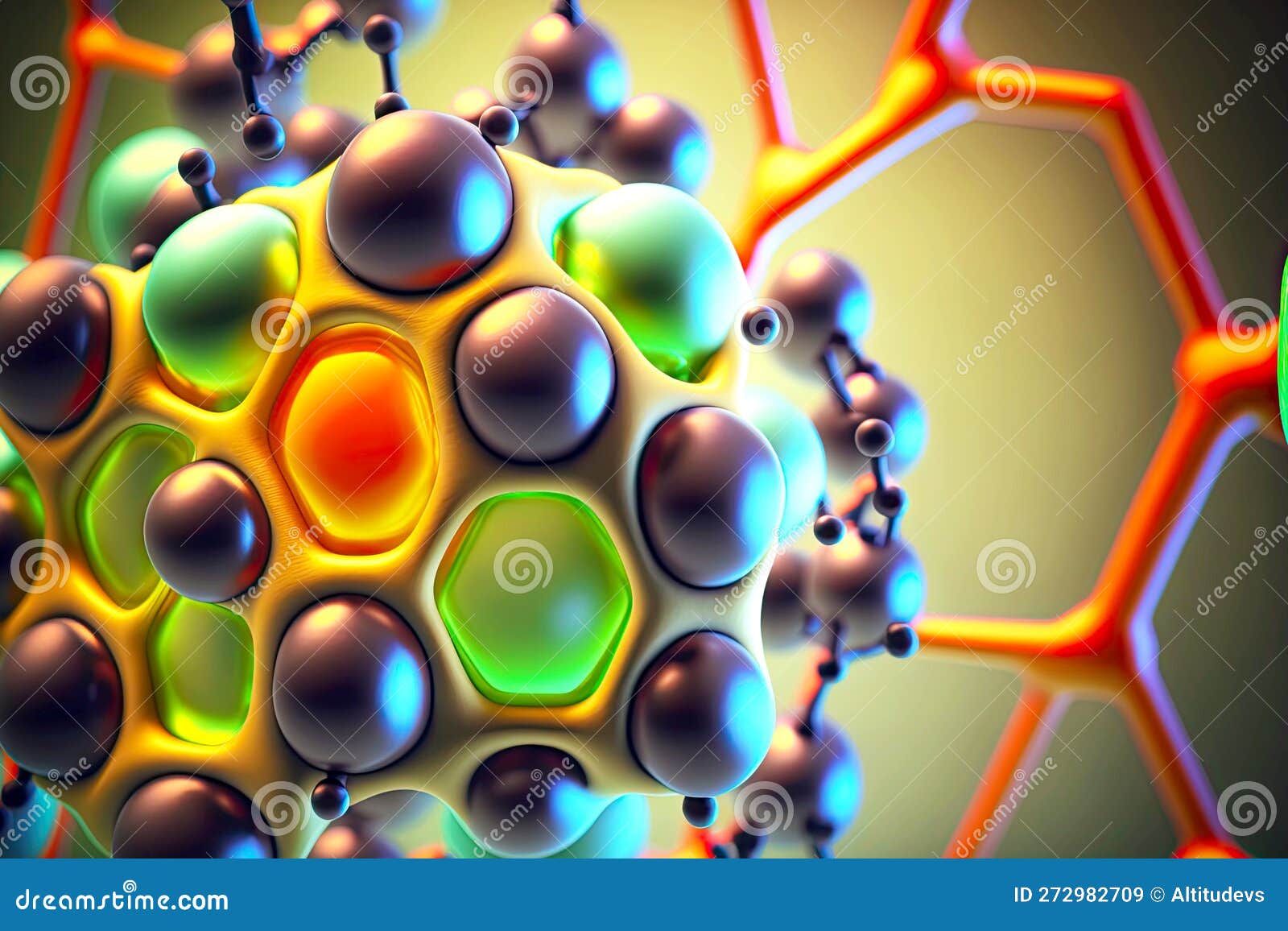 Spherical Molecule Closeup Model with Blue Black Atoms Stock ...
