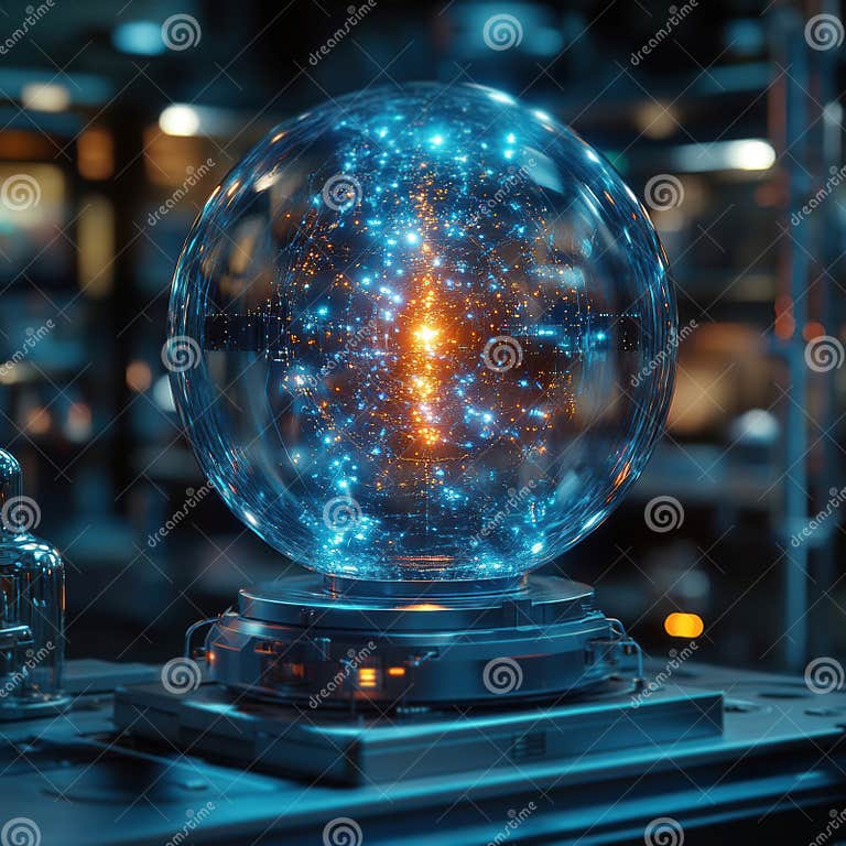 A Spherical Object, Possibly a 3D Star Cluster Display, is Centered in a Lab or Control Room ...