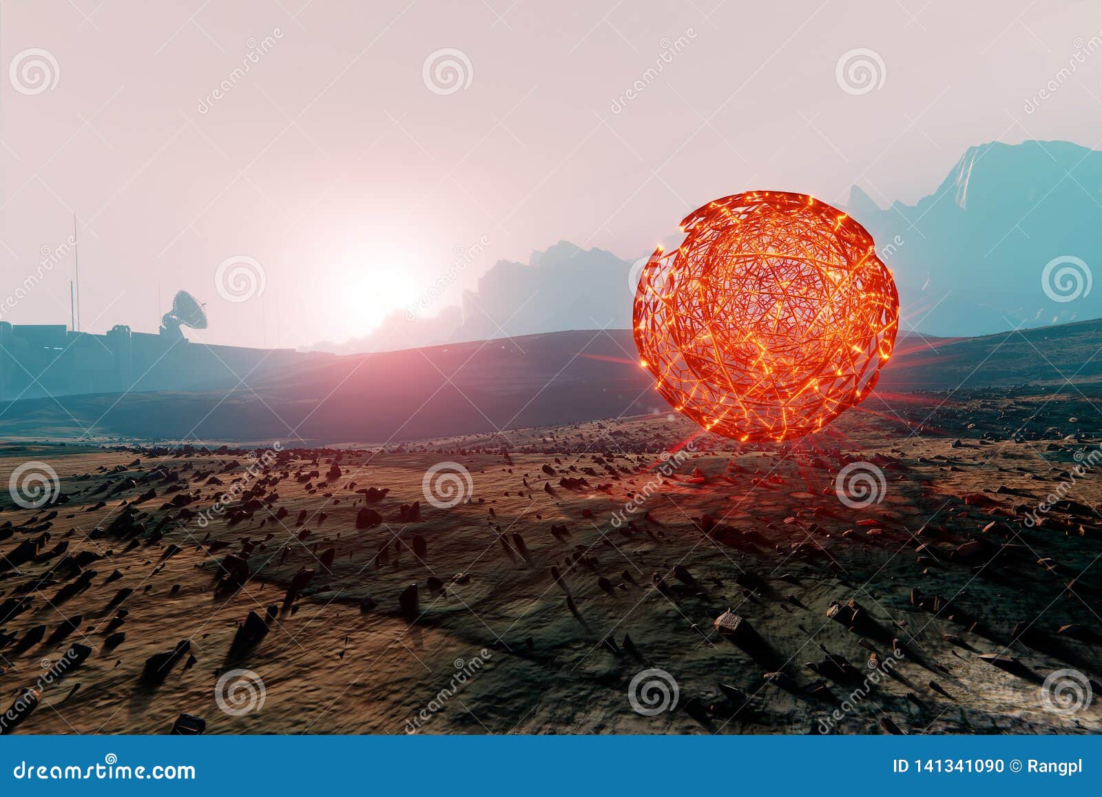 Spherical Structure Floating in Martian Landscape Stock Illustration ...