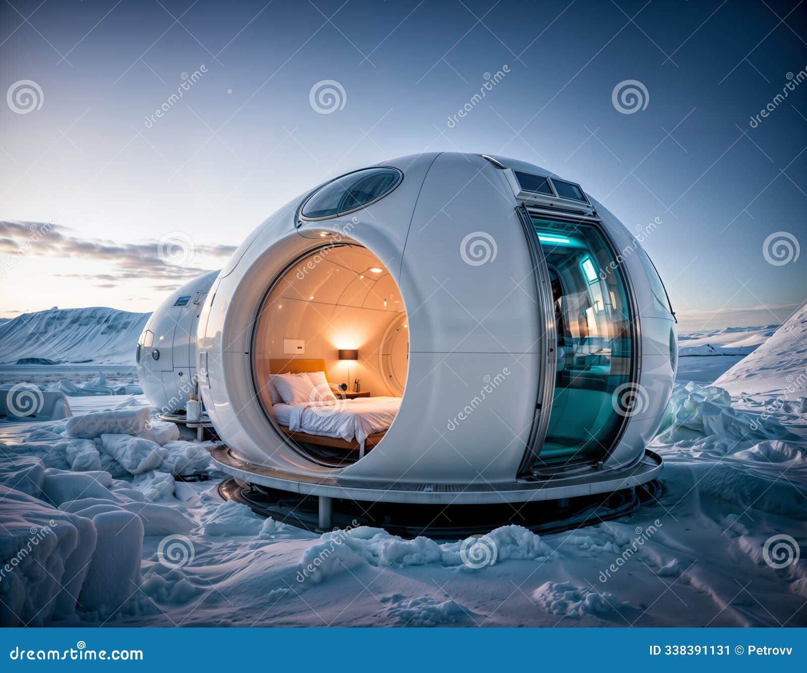 Spherical White Pod-like Structure with a Bedroom Inside, Located on ...