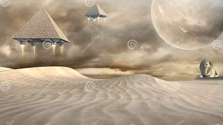 Sphinx and flying pyramids stock illustration. Illustration of ...