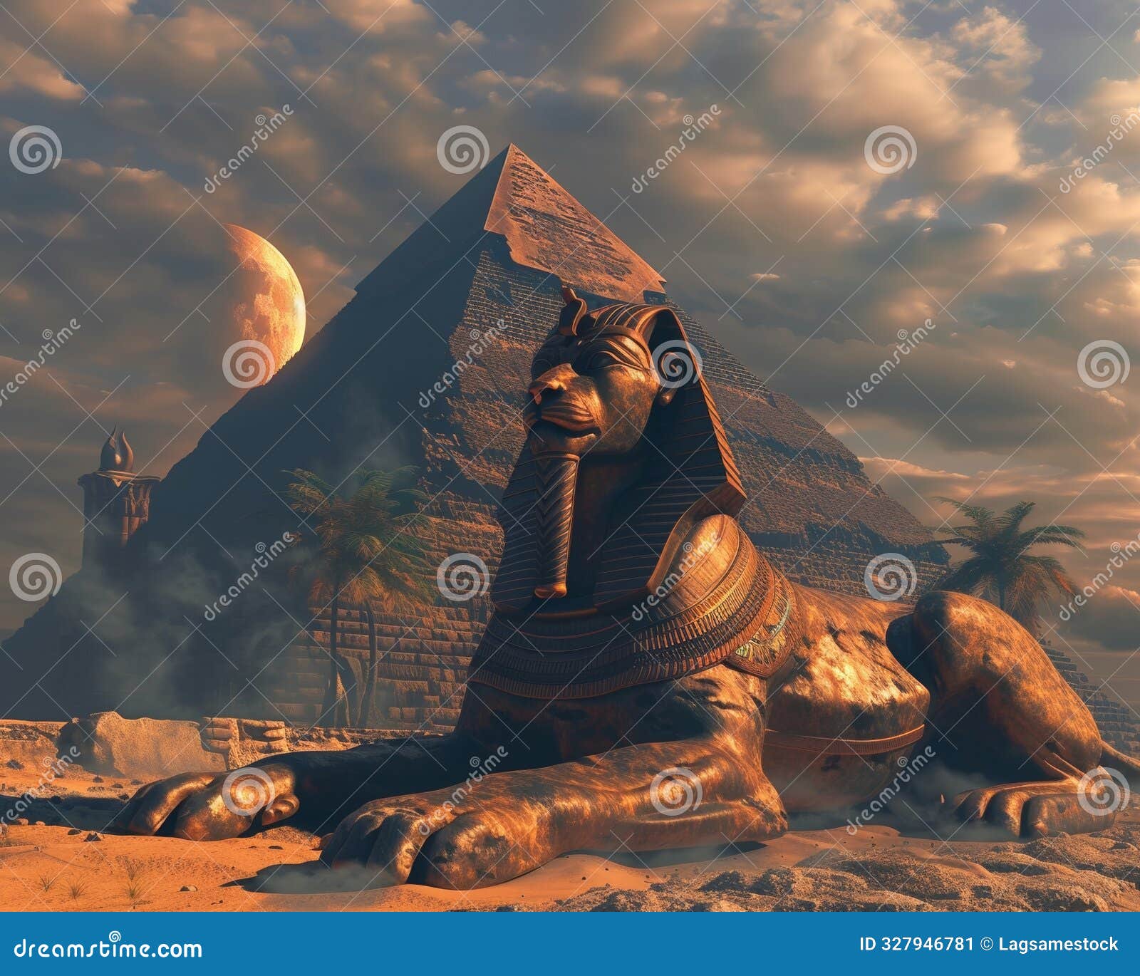 Sphinx Seated Grandly before a Magical Pyramid Stock Illustration ...