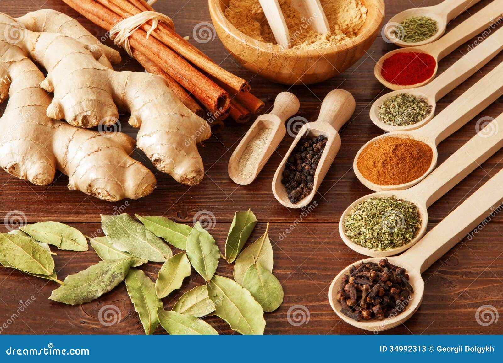 Spice Assortment on a Wooden Table Stock Image - Image of fresh, aroma ...