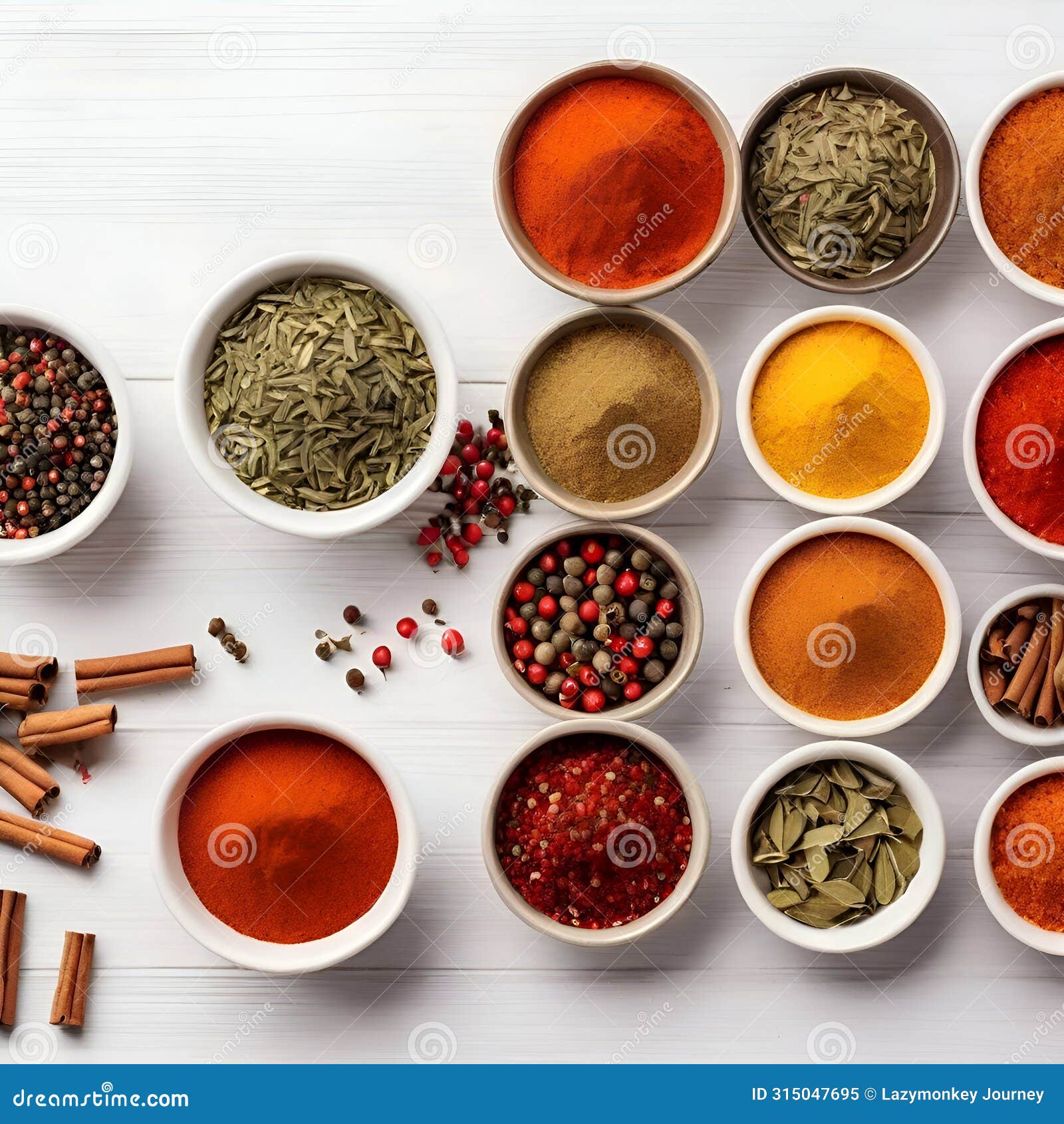 Spice Background, Top View. Seasoning in Cups Stock Illustration ...