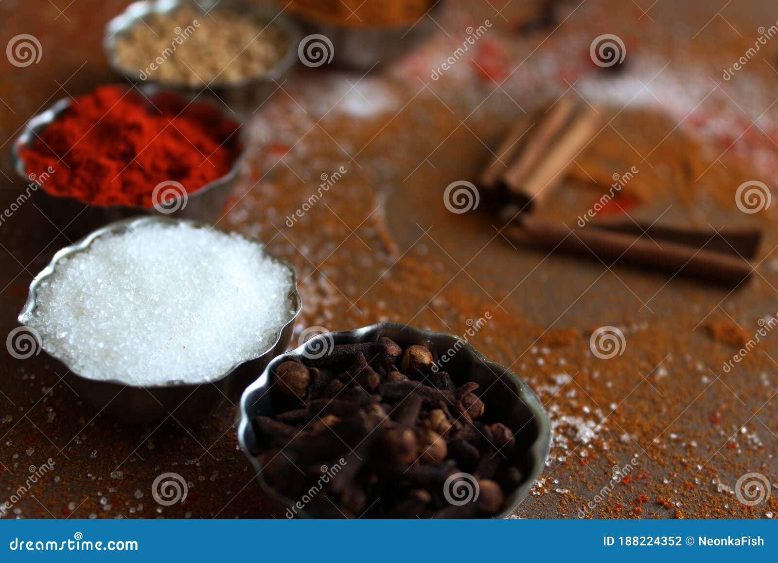 Spice Time: Different Kinds of Spices in Metal Forms Stock Photo ...