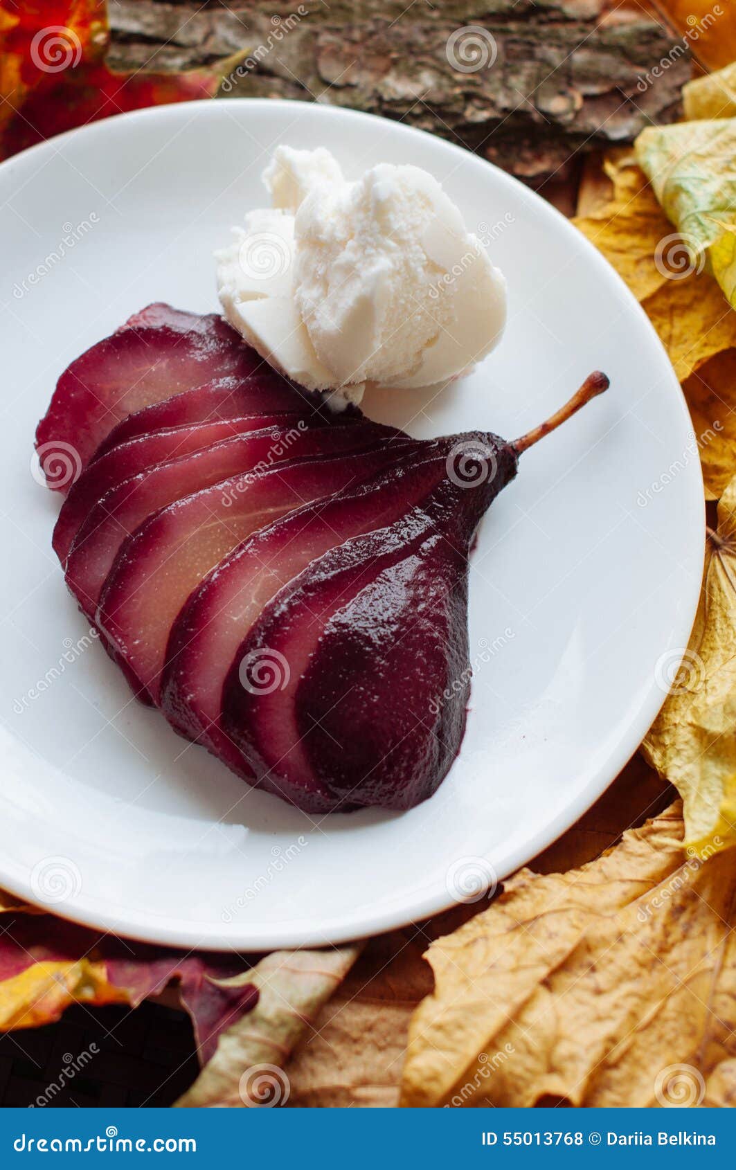 Spiced Red Wine Poached Pears Stock Photo - Image of cream, aromatic ...