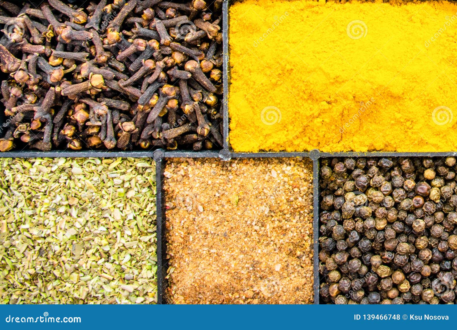 Spices in box. top view. stock photo. Image of nutmeg - 139466748