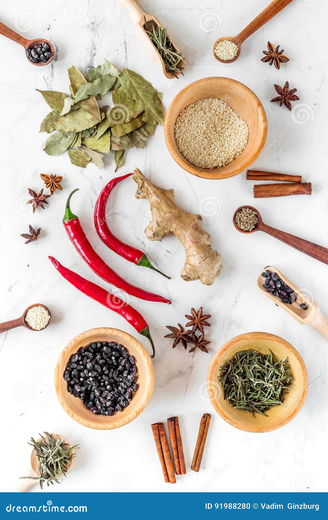 Spices, Chili and Herbs on White Kitchen Table Background Top View ...