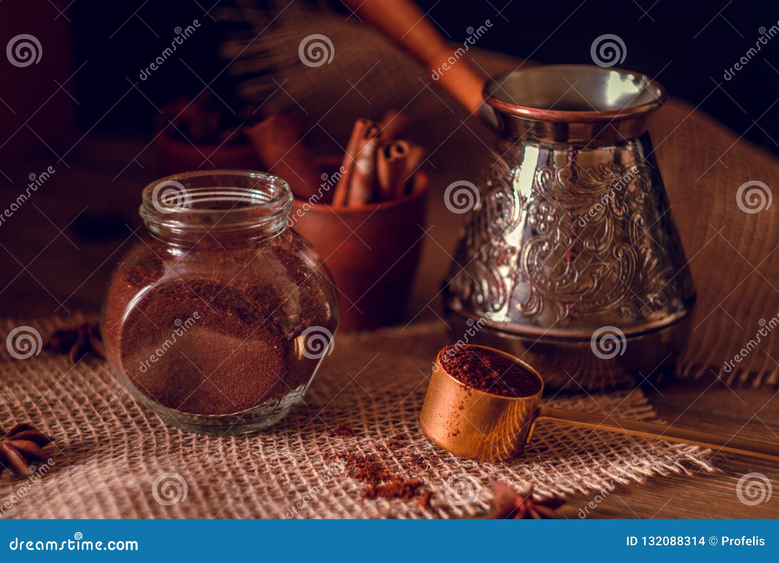 Spices, Coffee and Coffee Pot, Cooking Process. Stock Photo - Image of ...
