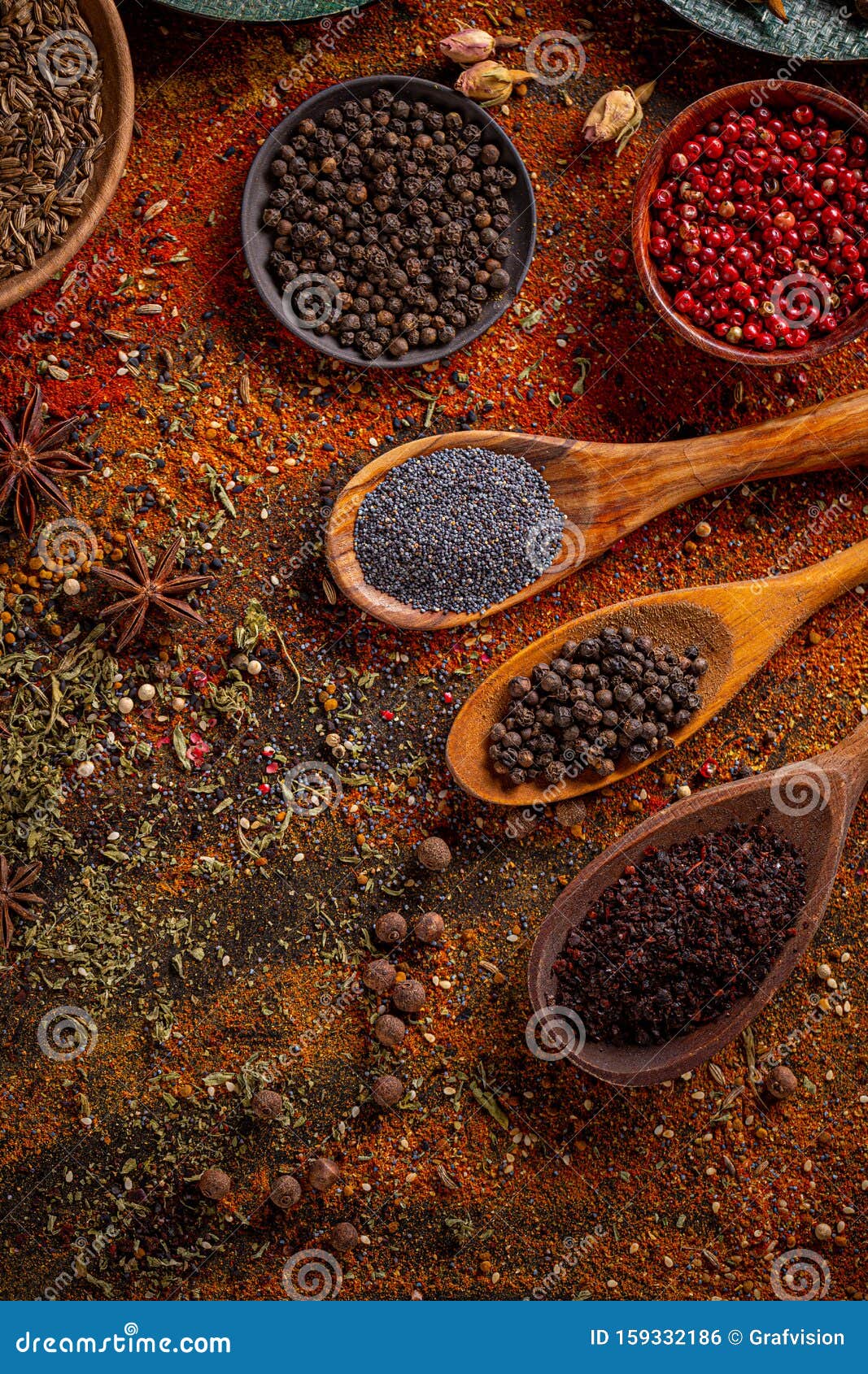 Spices and condiments stock photo. Image of aromatic - 159332186