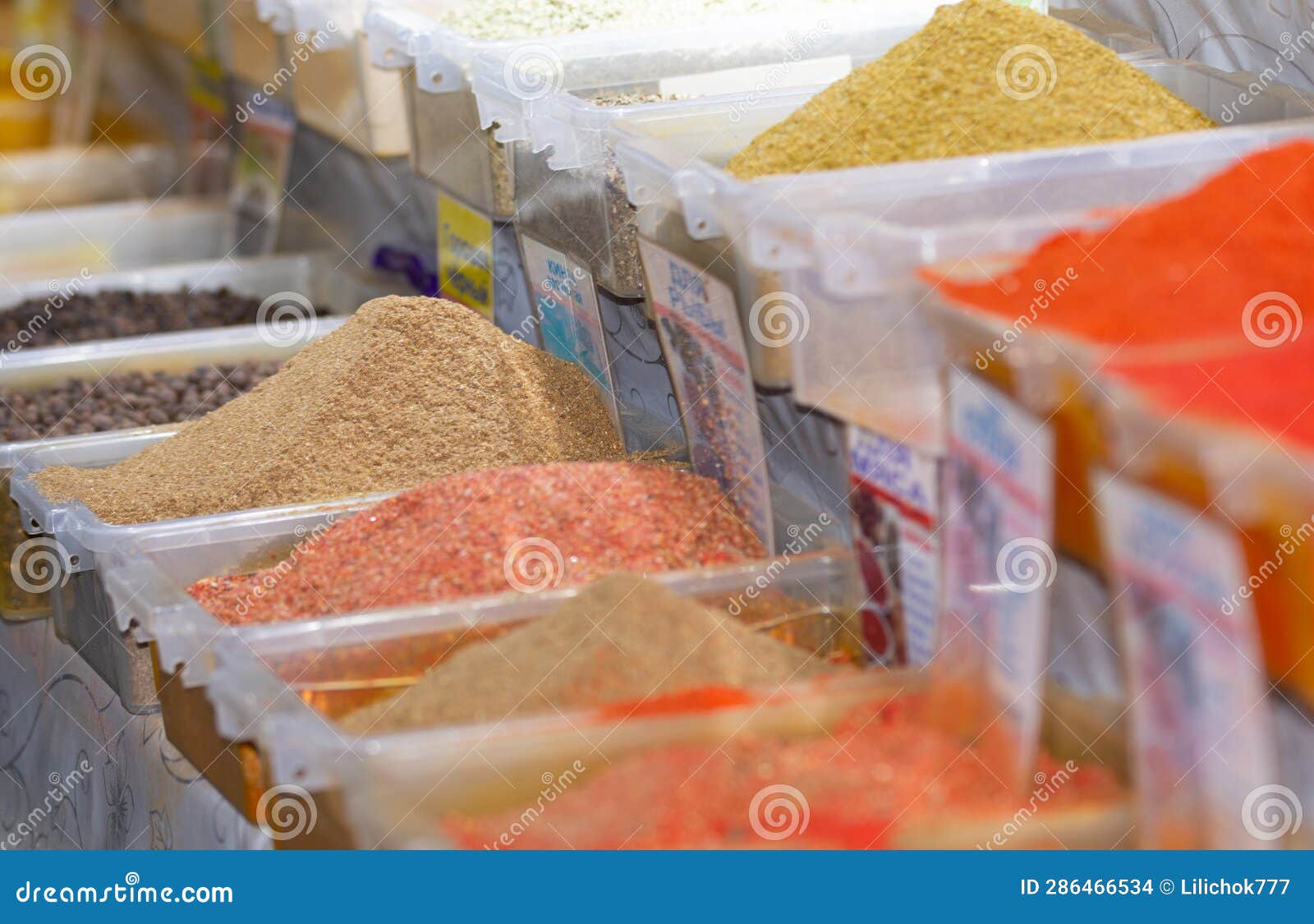 Spices on the Counter in Plastic Containers Stock Photo - Image of ...