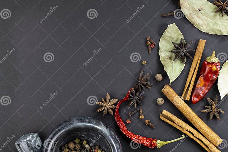 Spices Frame on Black Background, Spices and Condiments Top View, Space ...