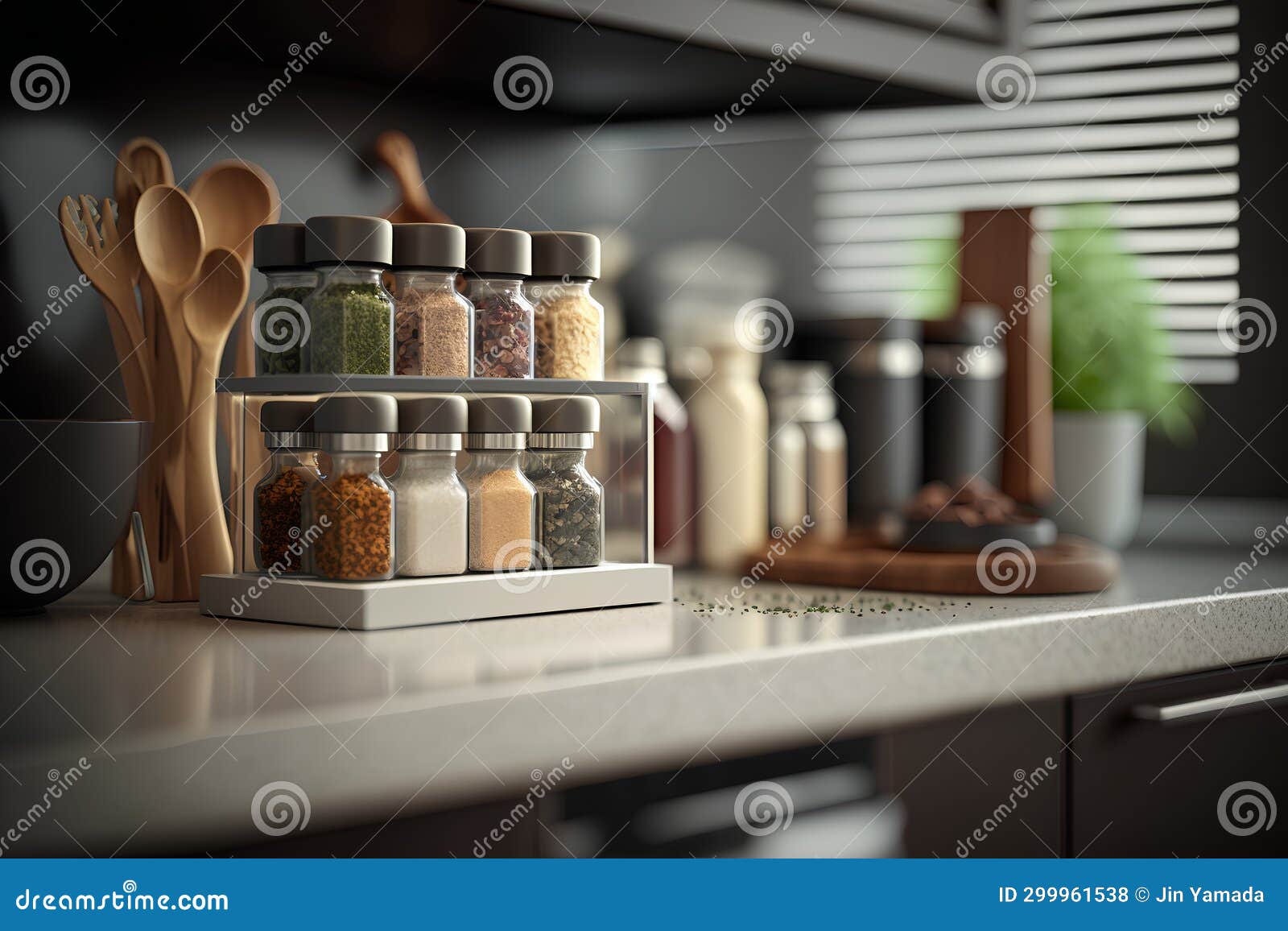 Spices in Glass Jars on Kitchen Countertop. 3d Rendering Stock ...