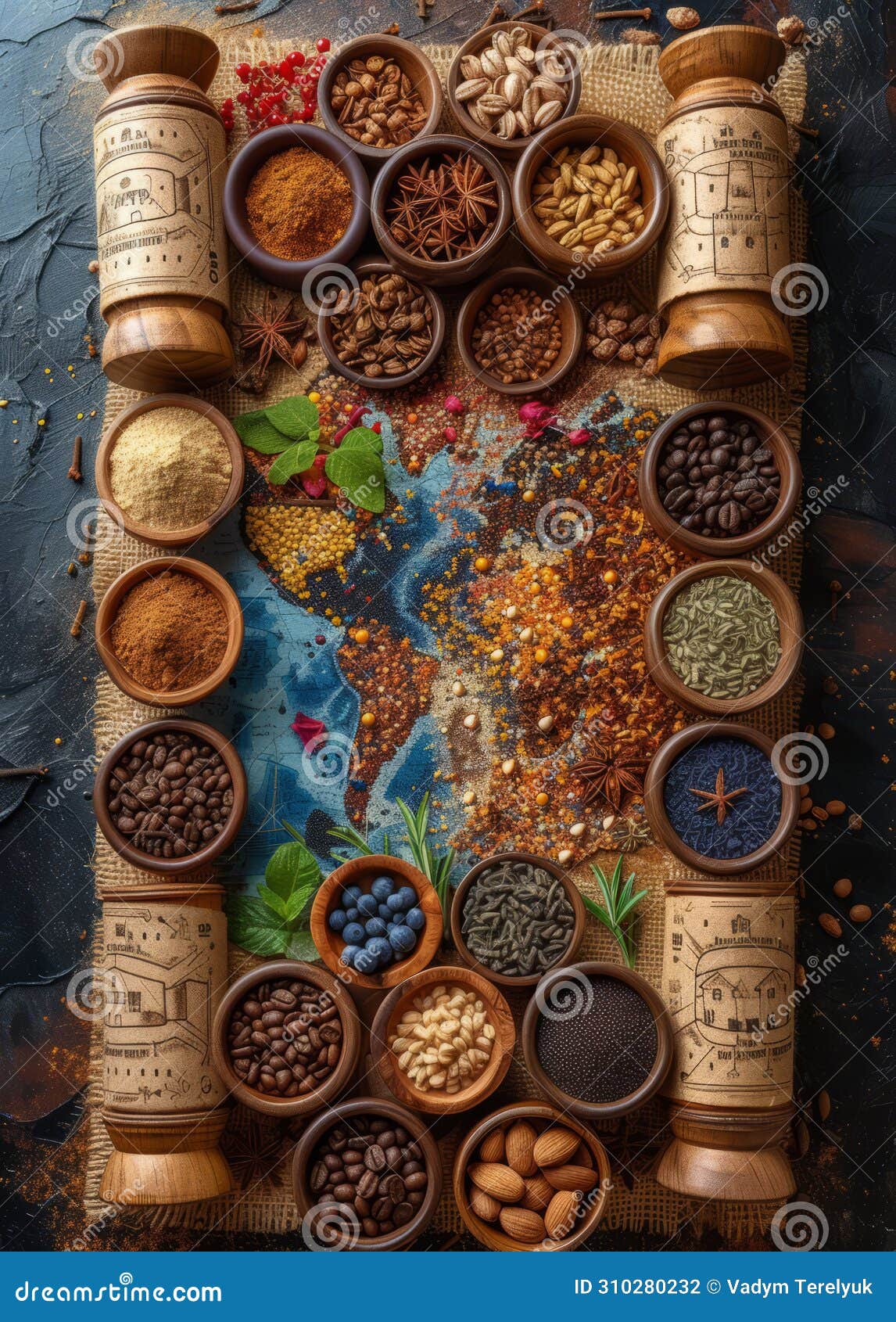 Spices and Herbs on the World Map Stock Photo - Image of herb, spoon ...