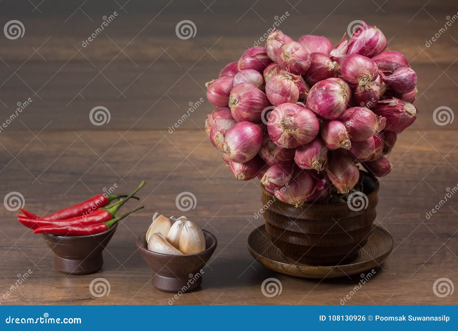 Garlic Shallots Chilli on Wooden Table. Stock Photo - Image of group ...