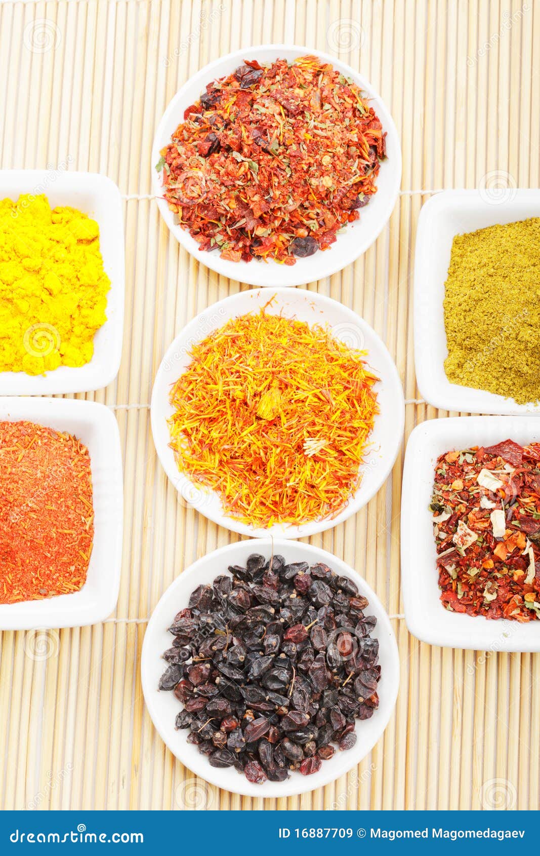 Spices in a rows on mat stock image. Image of dish, powder - 16887709