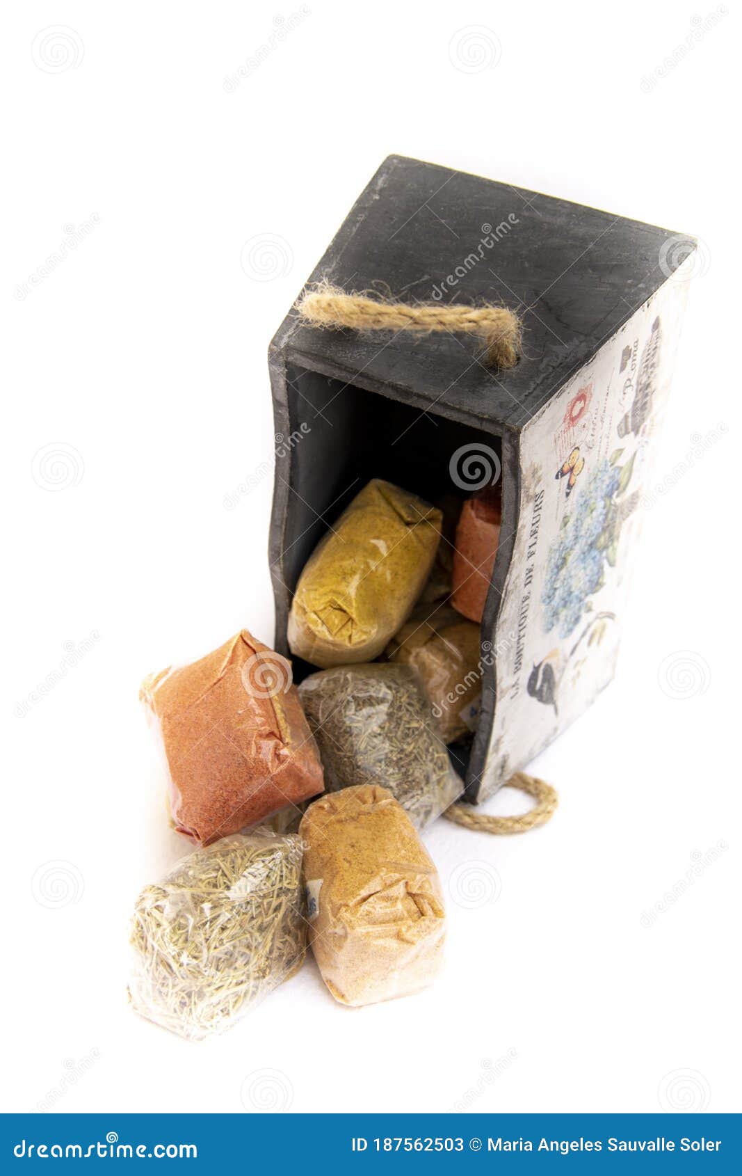 Spices in small packages. stock image. Image of label - 187562503